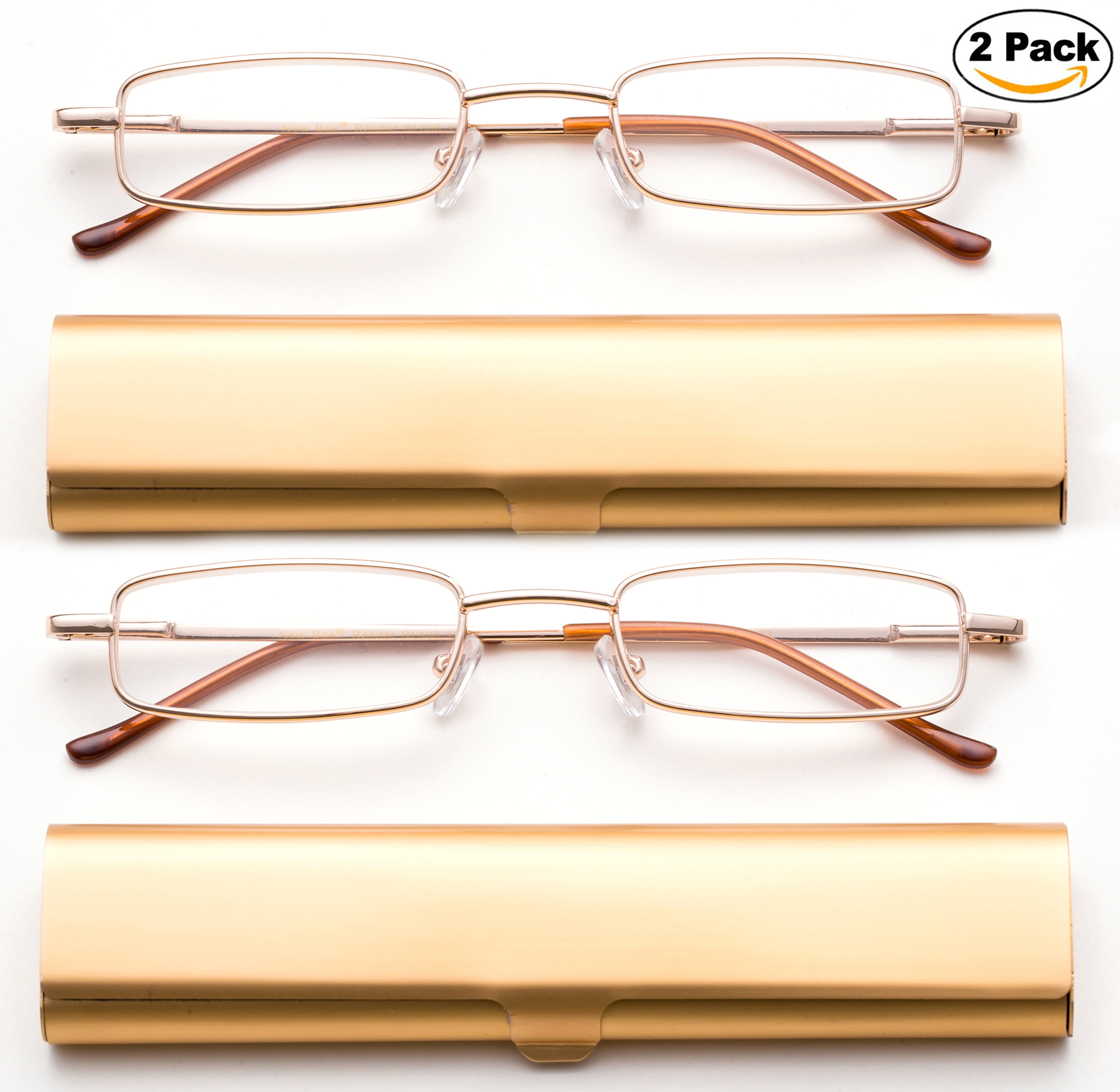 Newbee Fashion Rectangular Metal Frame 250 Reading Glasses Gold 2 Pack