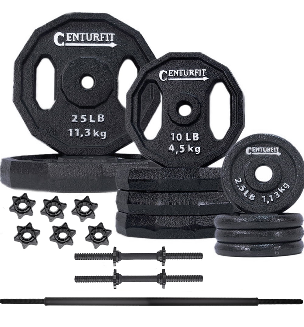 Set de pesas 100 libras negras CENTURFIT Barra Mancuernas Discos ...