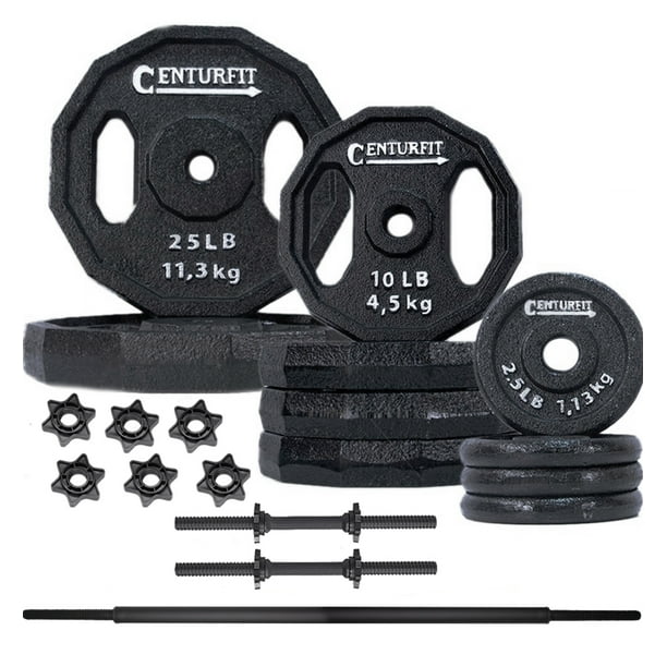 Set de pesas 100 libras negras CENTURFIT Barra Mancuernas Discos ...