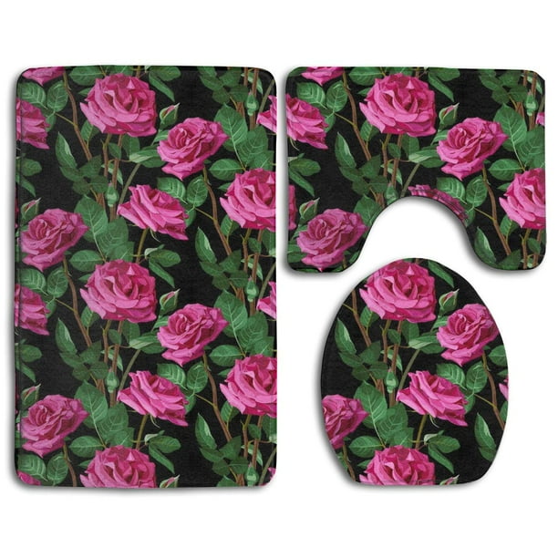 EREHome Pink Rose Green Leaf Floral 3 Piece Bathroom Rugs Set Bath Rug ...