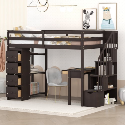 Twin Loft Bed, Solid Wood Loft Bed with Stairs, Desk and Storage ...