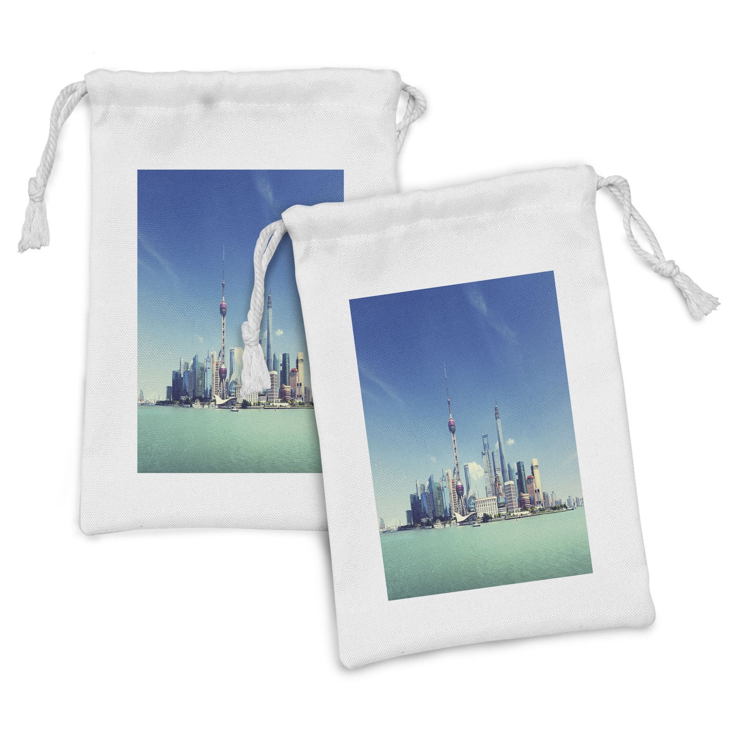 China Cityscape Fabric Pouch Set of 2, Shanghai Skyline Pudong River ...