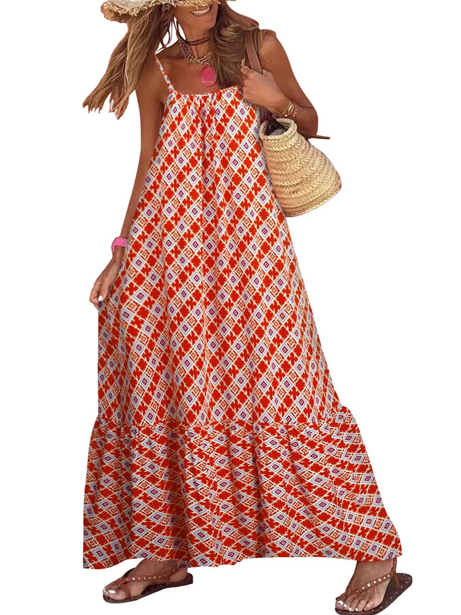 Womens Bohemian Dress Deep V Neck Summer Flowy Long Maxi Dresses