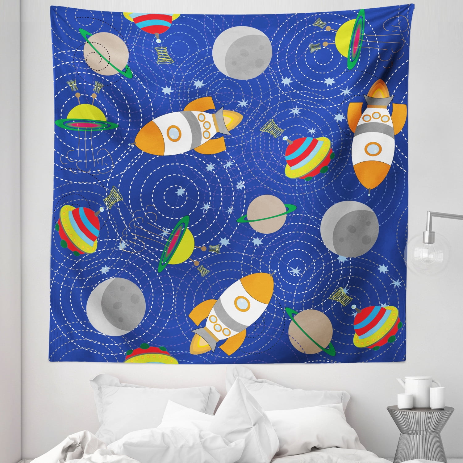 Cartoon Tapestry, Outer Space Themed Moon Spaceship and UFO Pattern on ...
