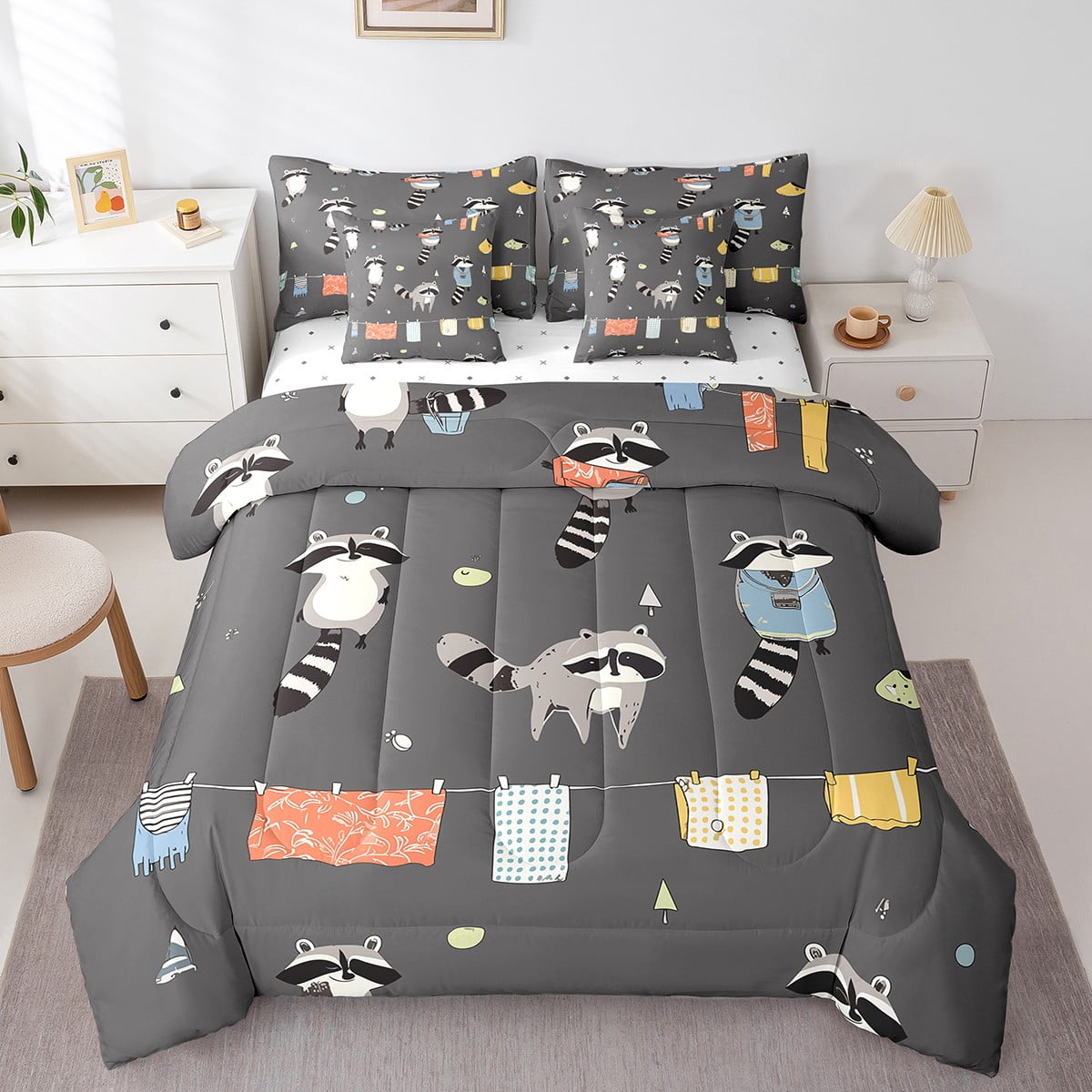 Raccoon Bed in a Bag Queen Comforter Set 7 Piece,Cute Cartoon Wildlife ...