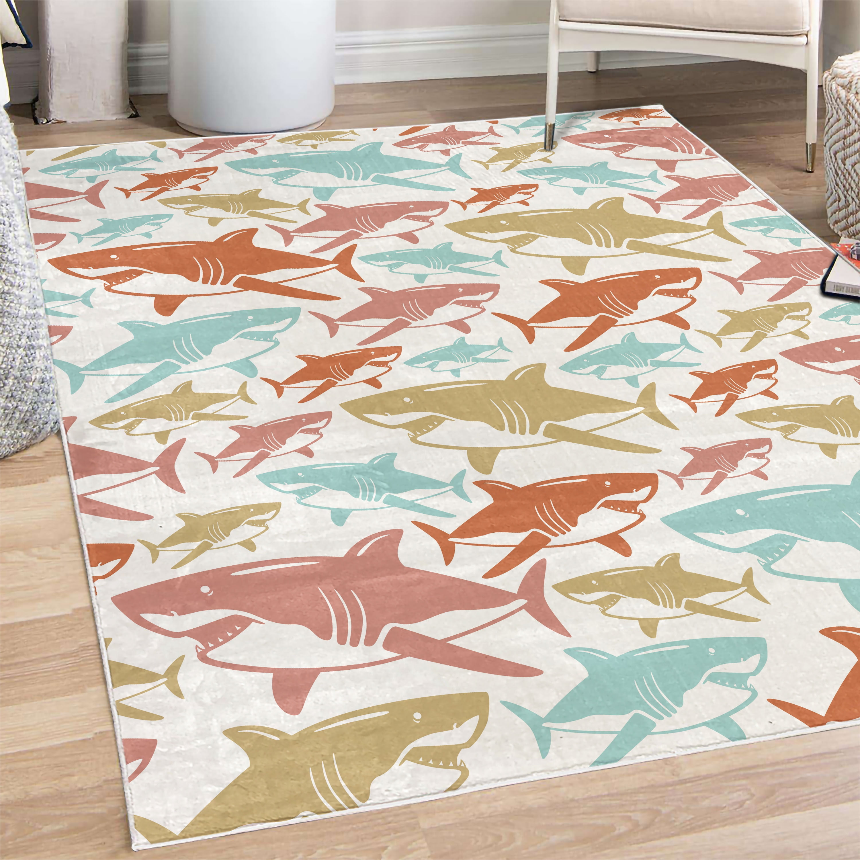 Shark Decorative Rug, Colorful Underwater Fish Pattern Masters Survival ...