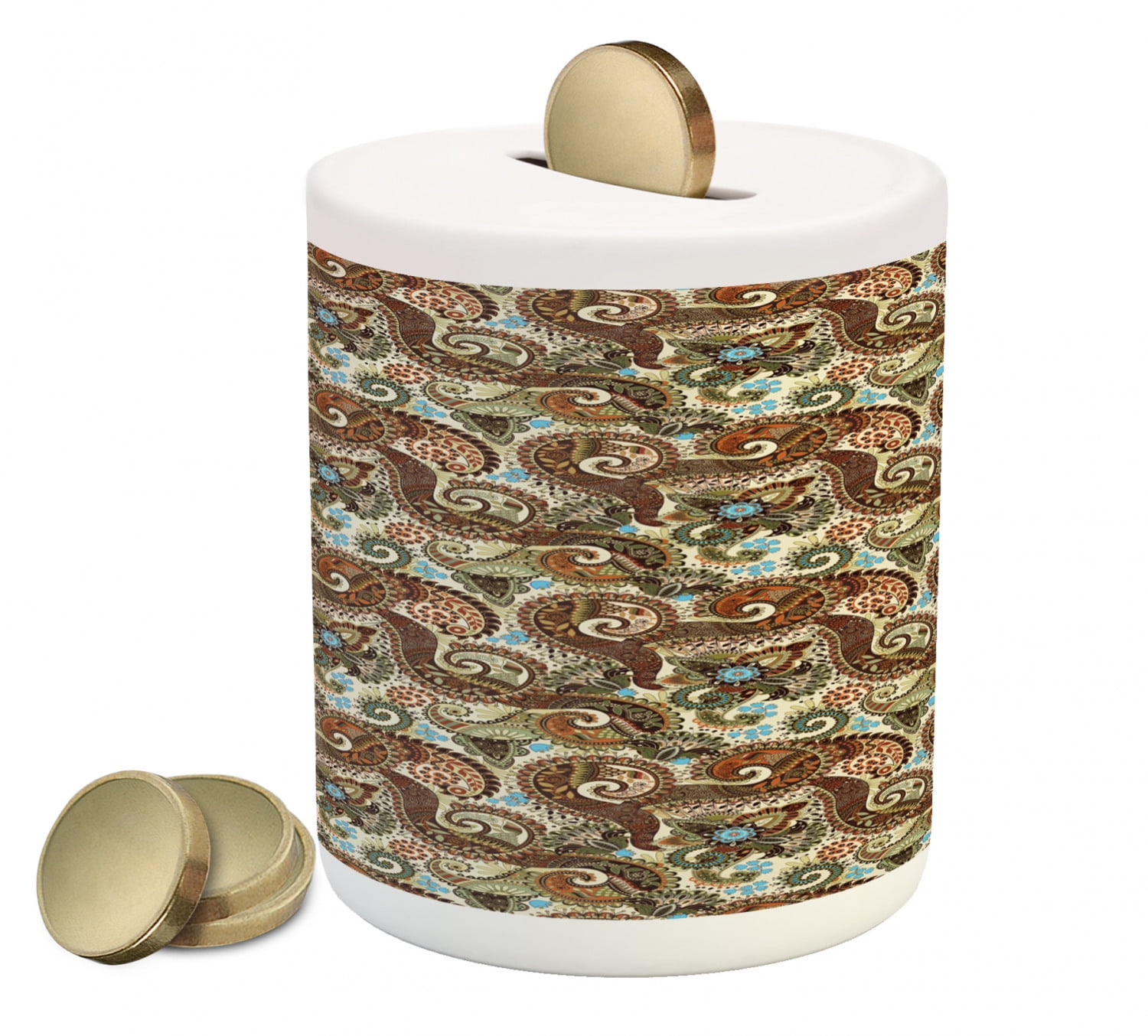 Paisley Piggy Bank, Flower Blossoms in Style Pattern Antique Swirled ...