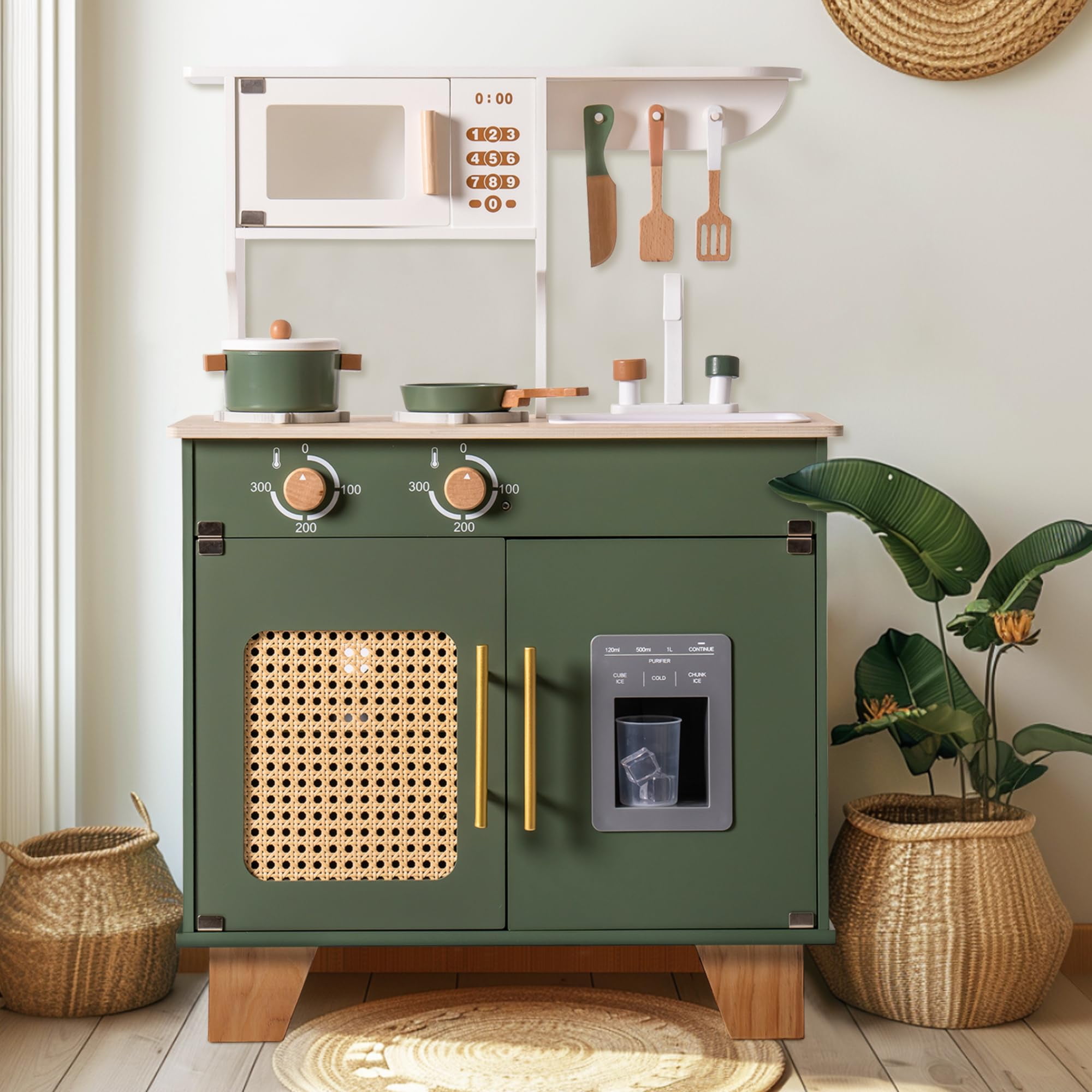 ROBOTIME Play Kitchen with Pretend Ice Cube Dispenser for Toddler Wooden Kids Kitchen Play Set Toy Kitchen Set for Kids Age 3 4 5 6 Vintage Green Walmart