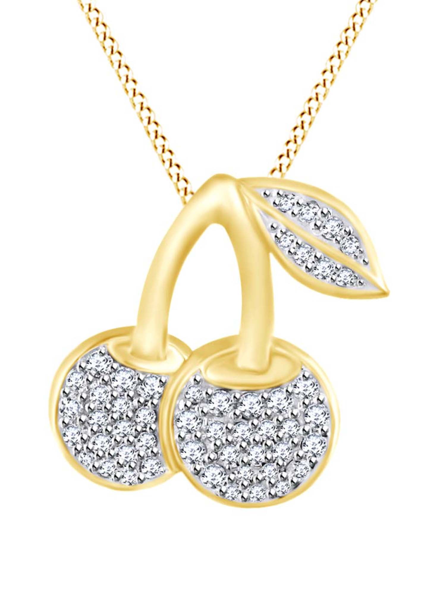 Cherry Pendant Necklace In 14k Solid Yellow Gold Round Cut White ...