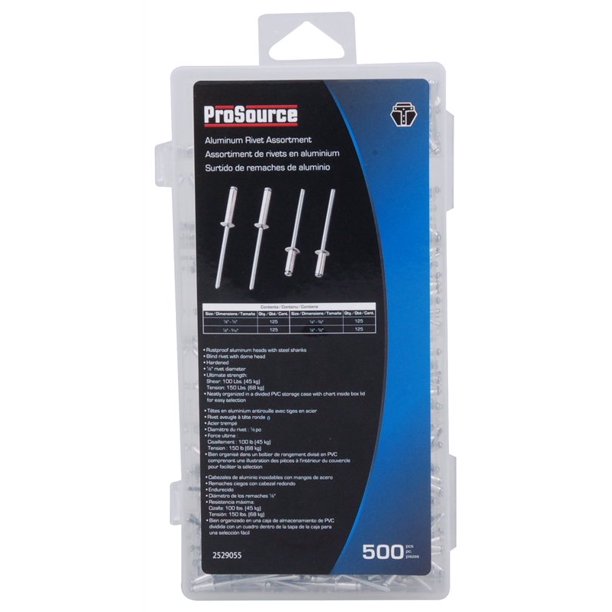 Prosource Rivet Assortment, 500 Piece, Aluminum Head, Steel Shank ...