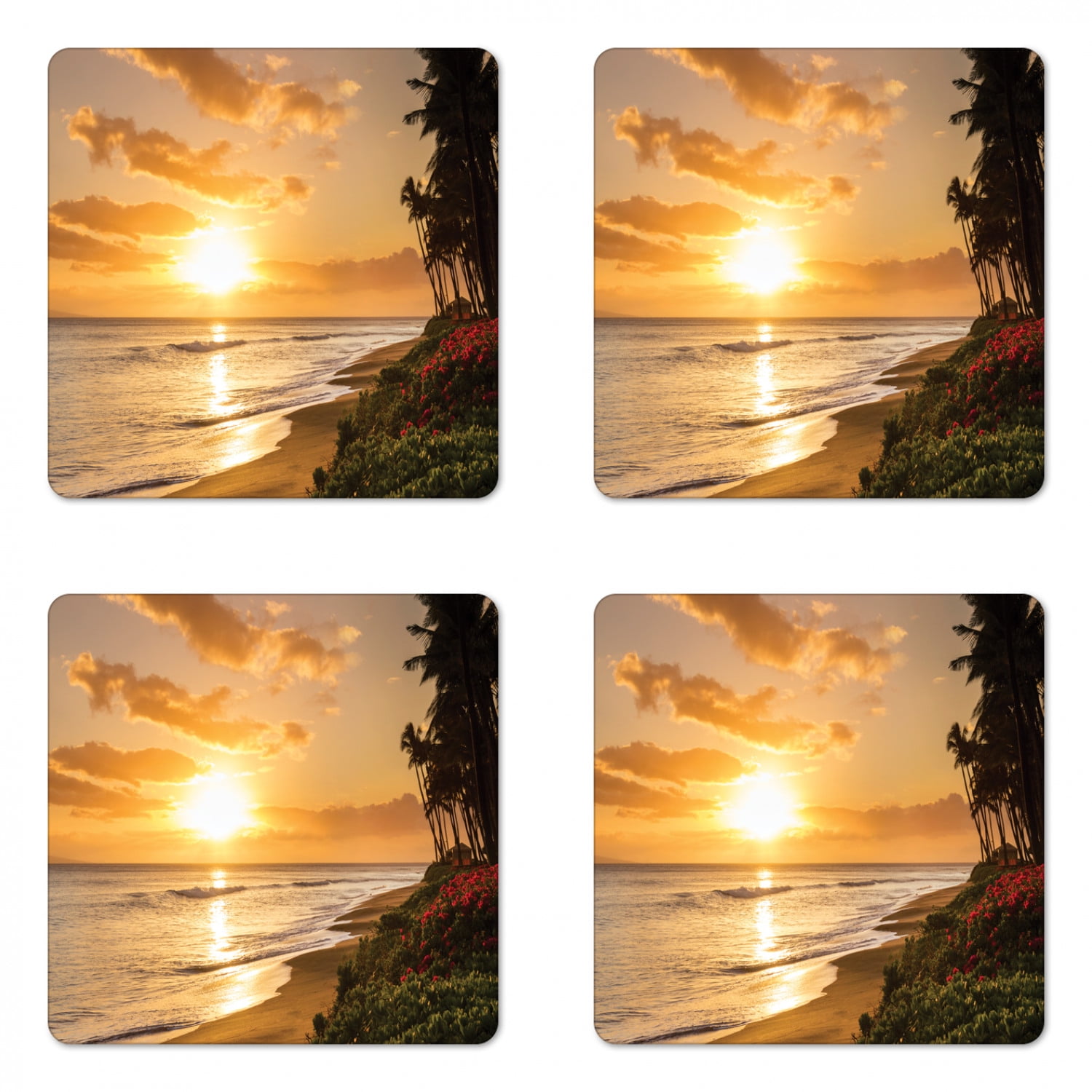 Hawaiian Coaster Set of 4, Warm Tropical Sunset on Sands of Kaanapali ...