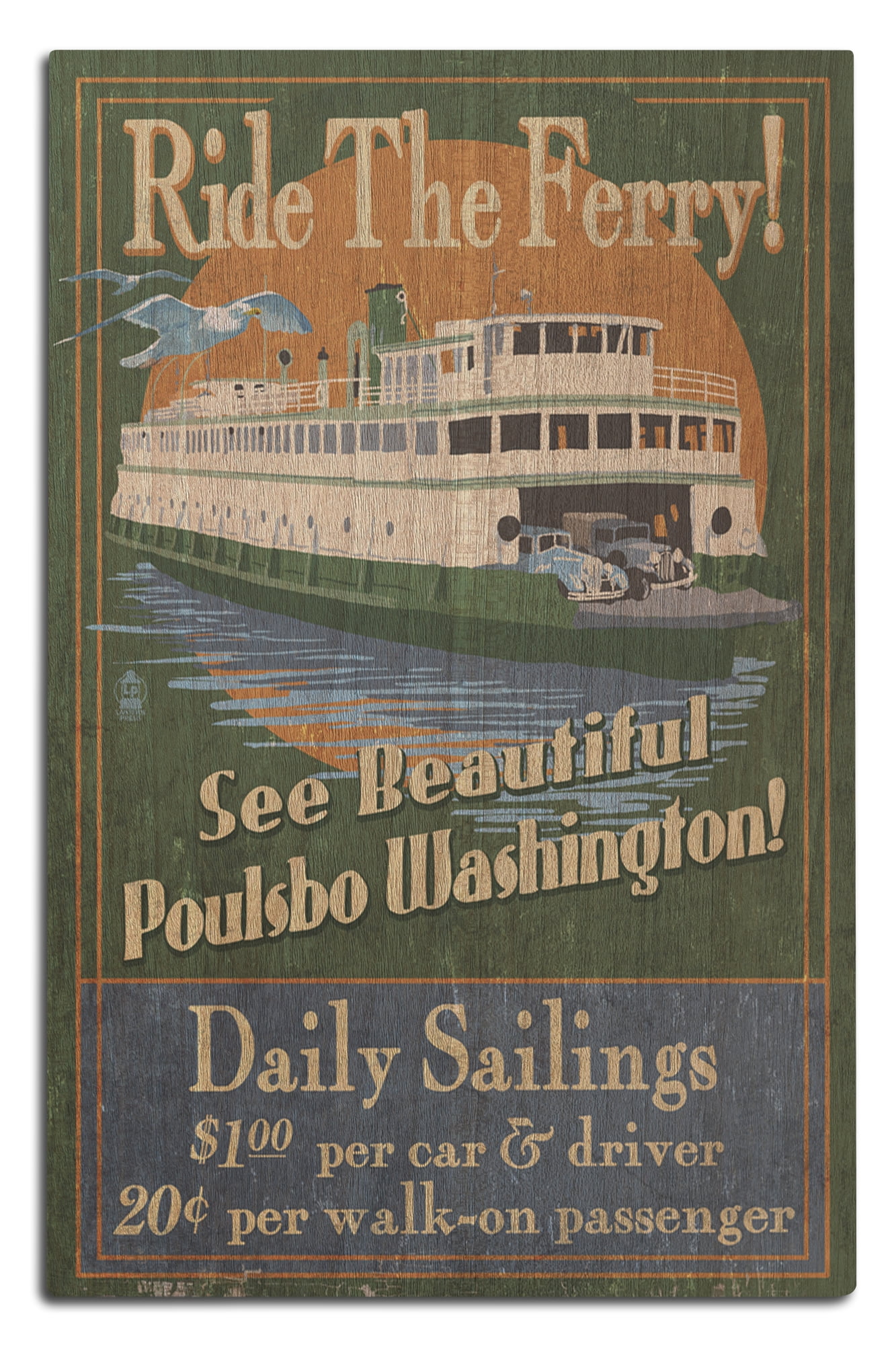 Poulsbo, Washington, Ferry Ride Vintage Sign Birch Wood Wall Sign ...