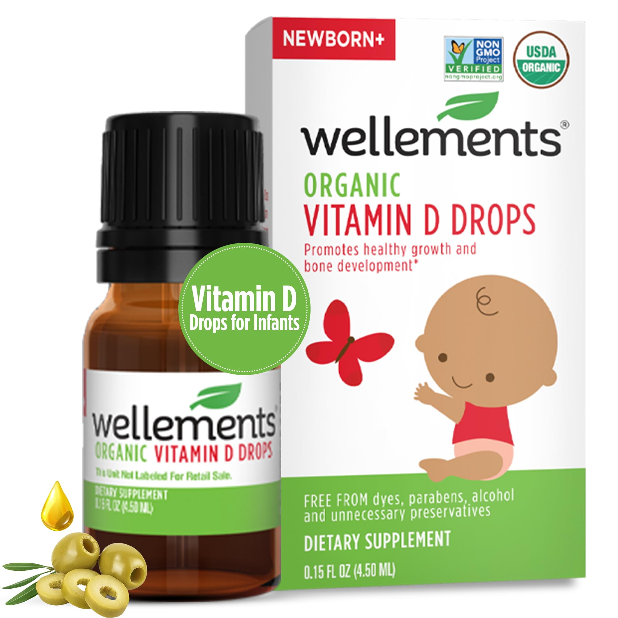 Gotas de vitamina D Wellements Baby Organic, 4 ml, 400 UI, Newborn+ ...