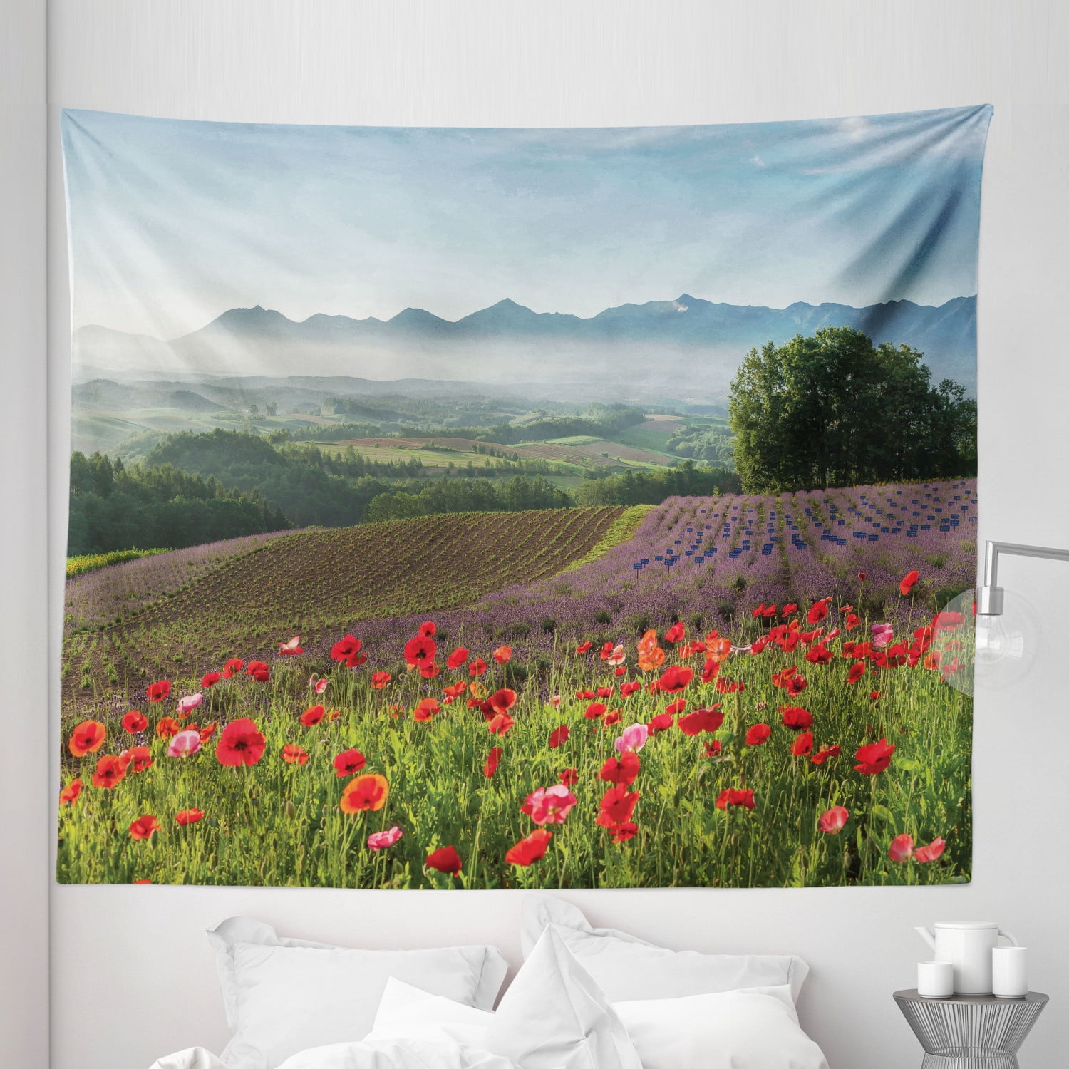 Poppy Flower Tapestry, Poppy Flower Lavender Farm Foggy Morning ...