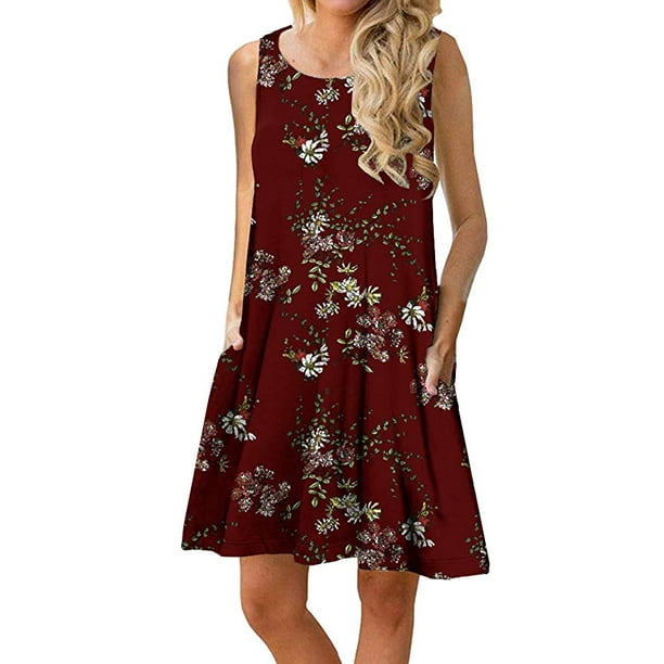 QINCAO Women Dresses Sleeveless Short Dresses for Women O-Neck Floral ...