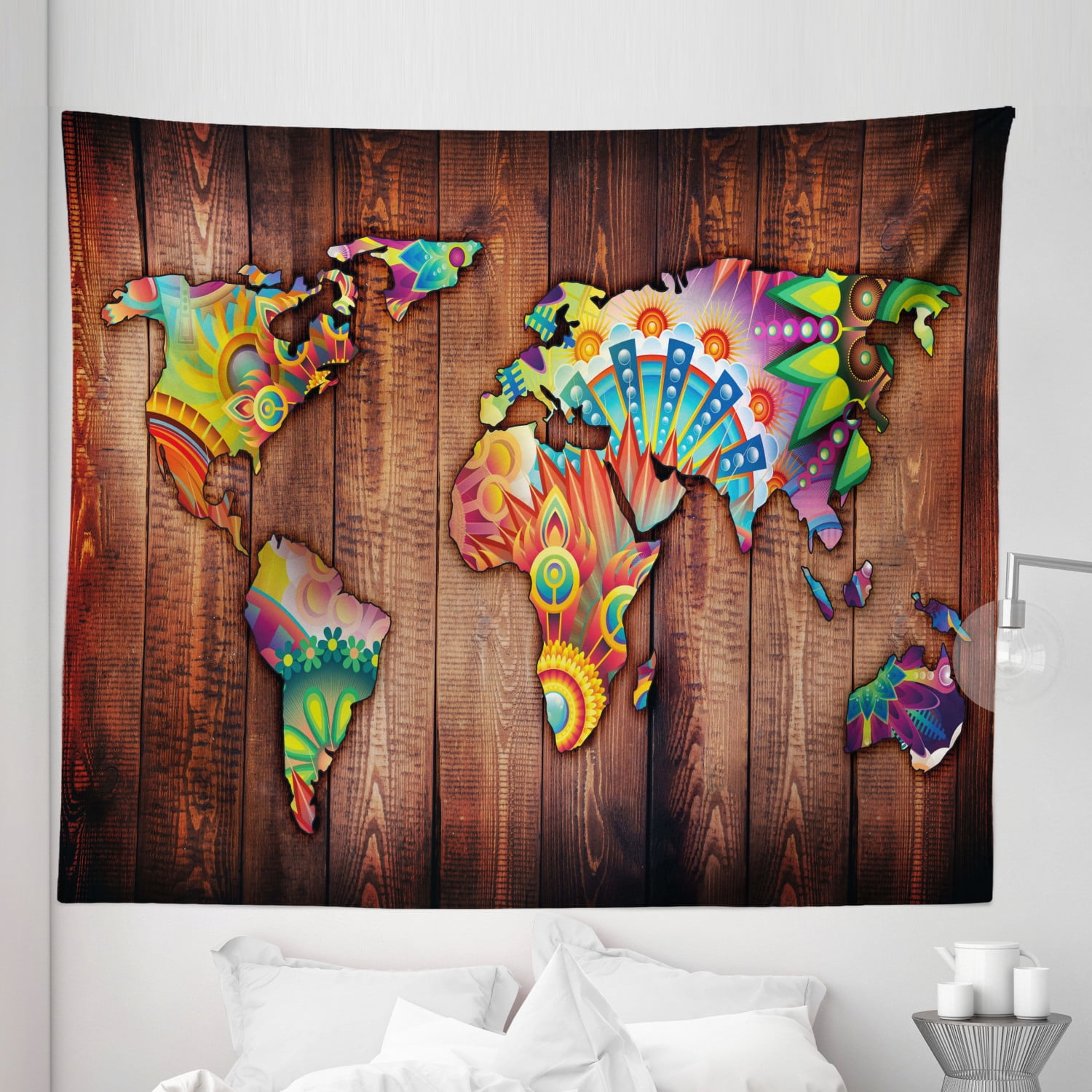 Boho Tapestry, World Map on Wooden Rustic Planks Abstract Countries in ...