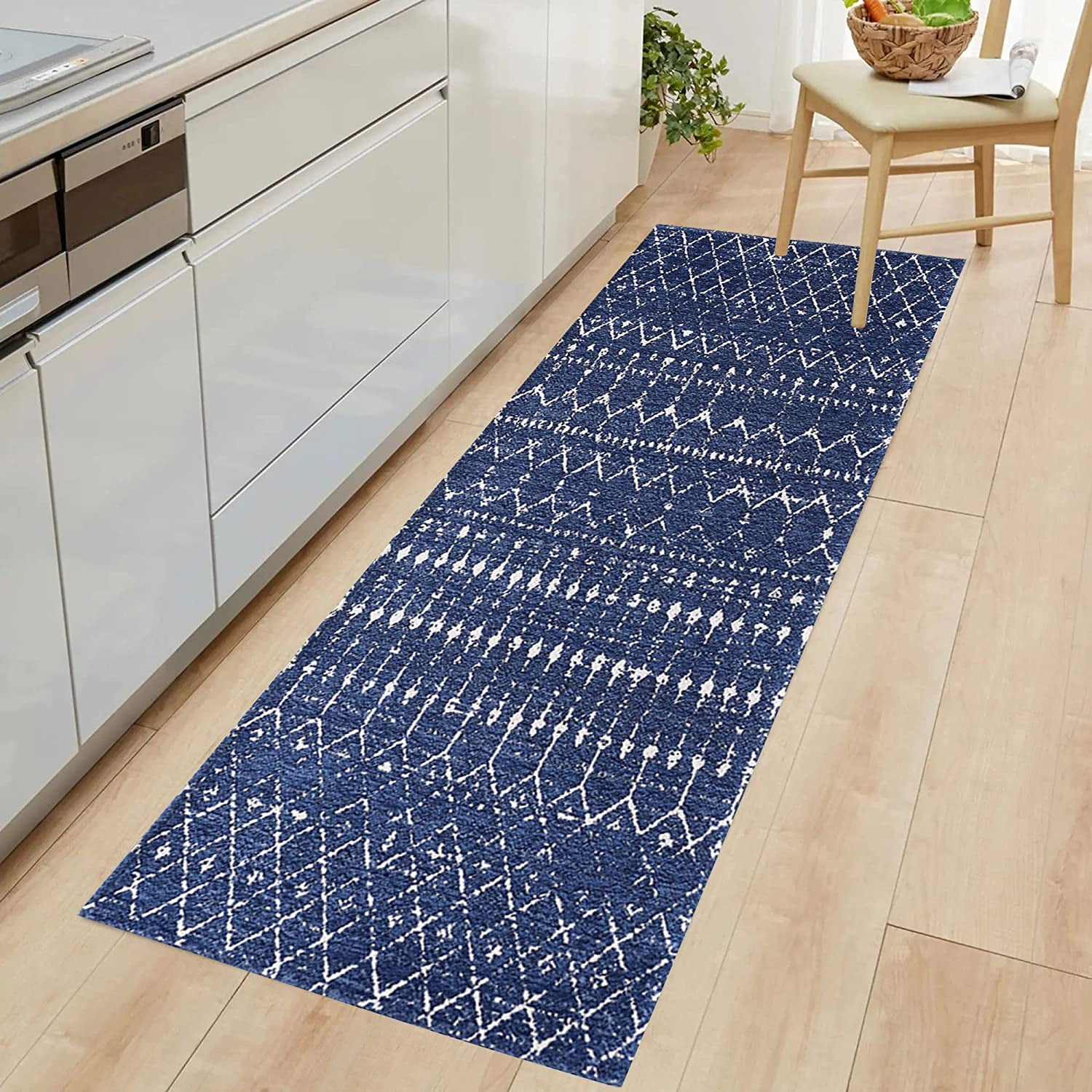 Hallway Runner Rugs Non Slip Machine Washable Boho Moroccan Dark Blue ...