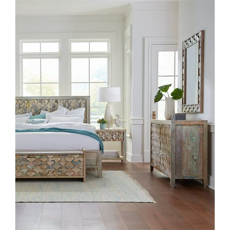 World Interiors Cordoba Reclaimed Teak Wood Queen Bed in Teal Blue Natural
