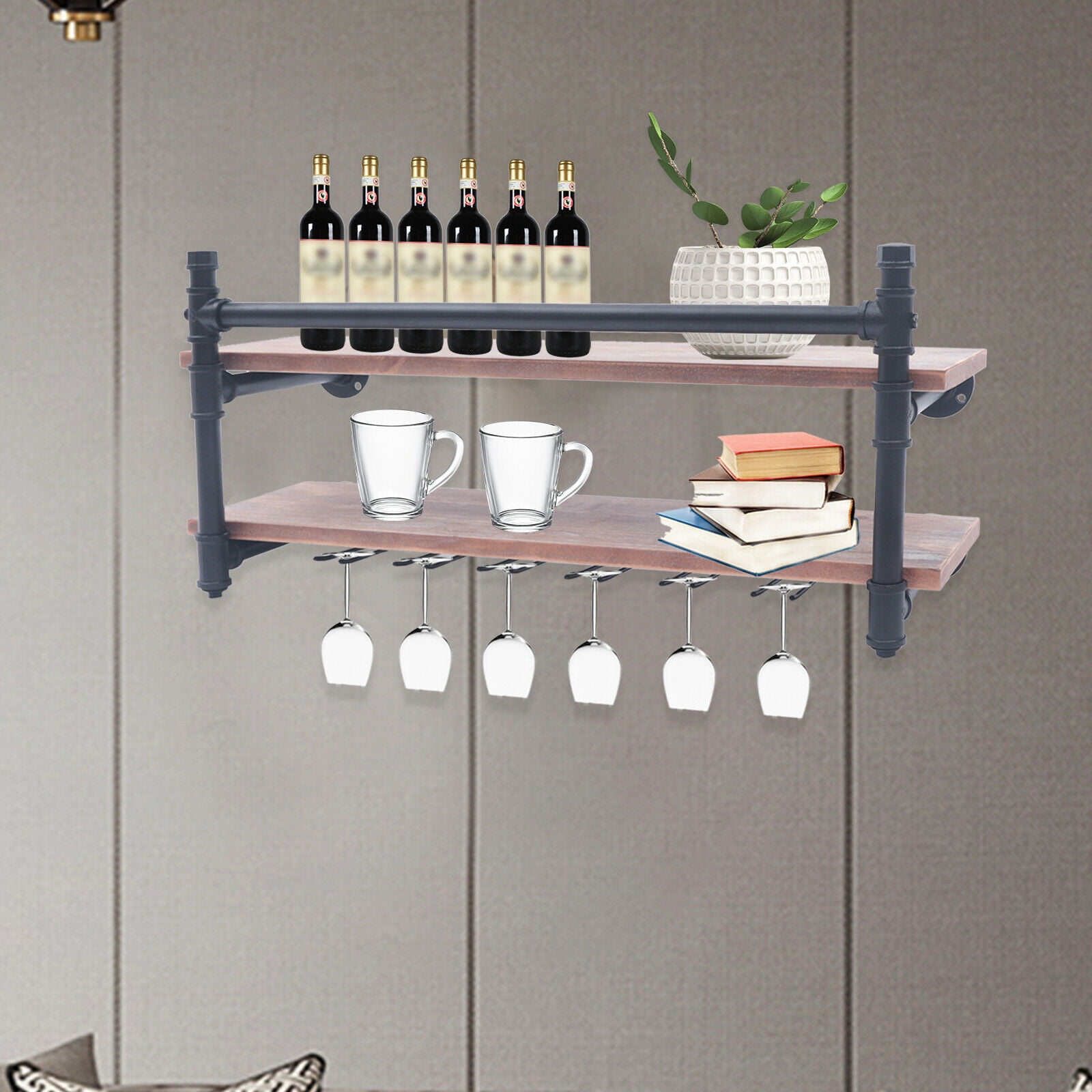 2 Tiers Wood + Metal Shelf Wall Mounted Floating Display Wine Rack Cup ...