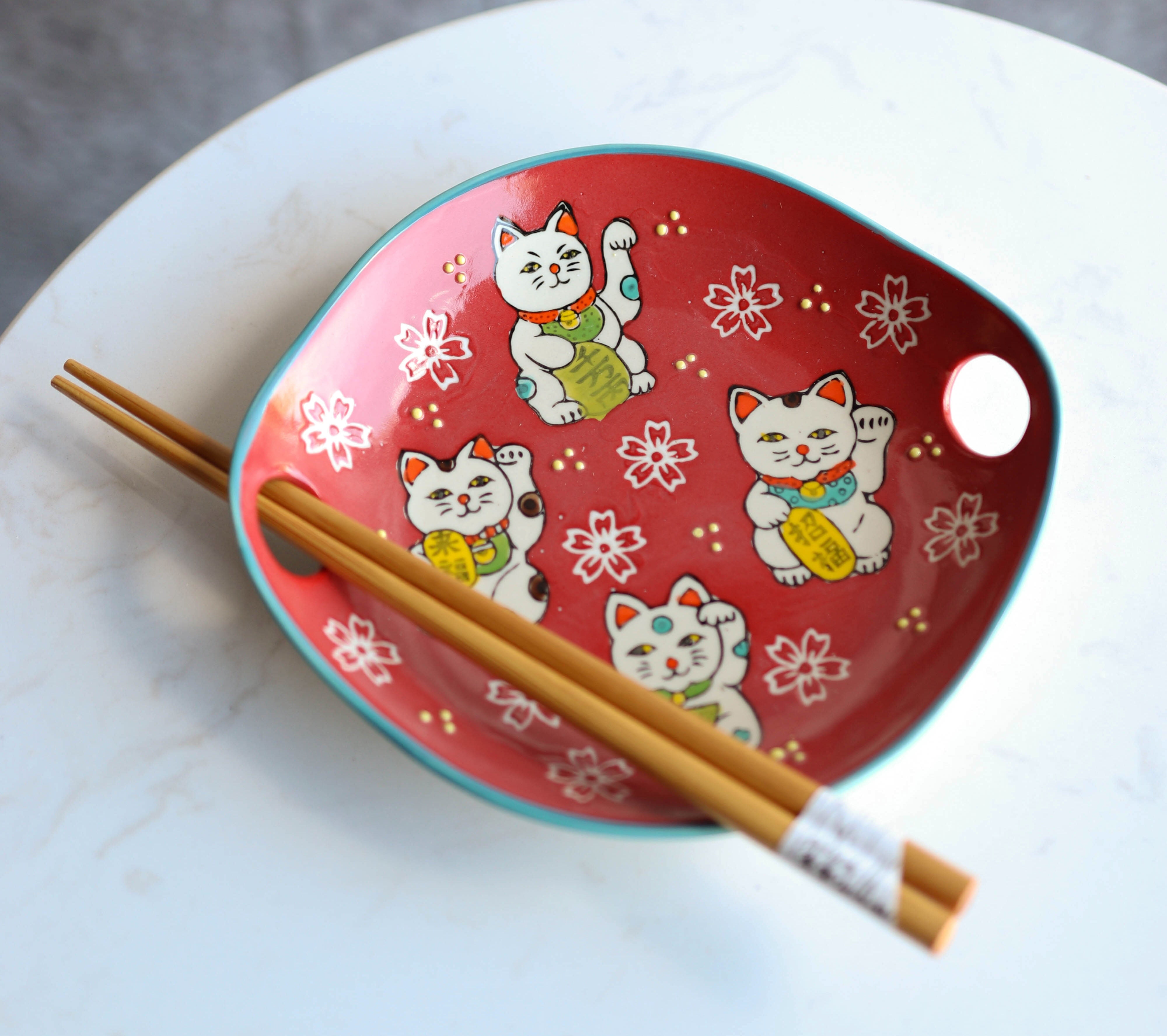 Red Maneki Neko Lucky Cats Appetizer Coupe Plate Flat Bowl With ...