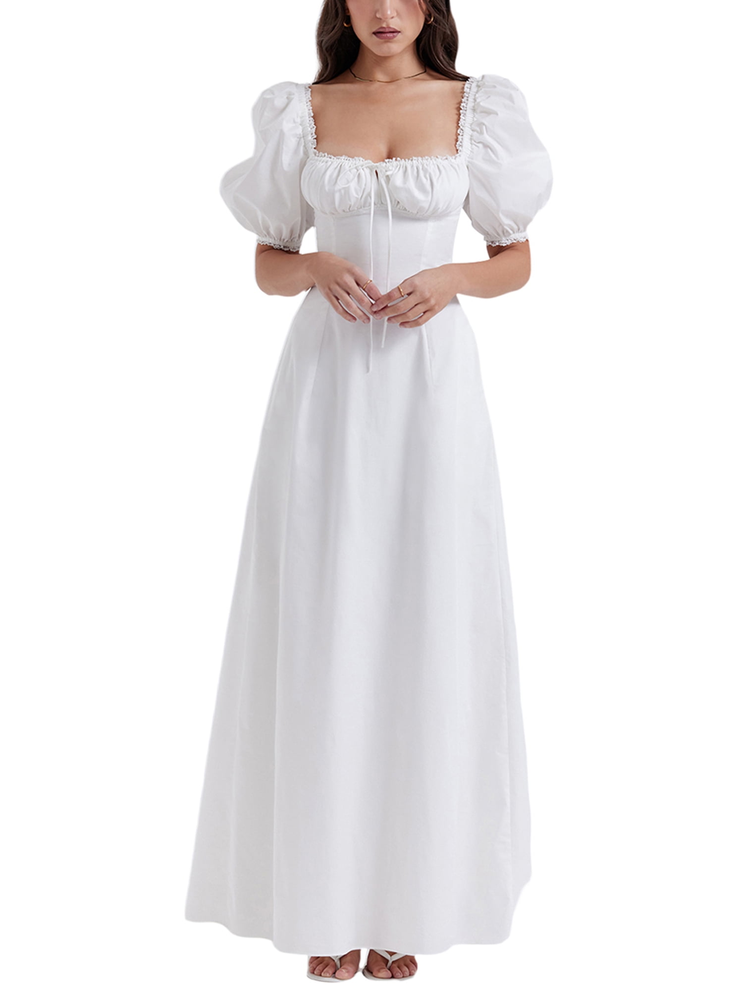 Women Puff Short Sleeve Maxi Dress White Elegant Square Neck Lace Trim ...