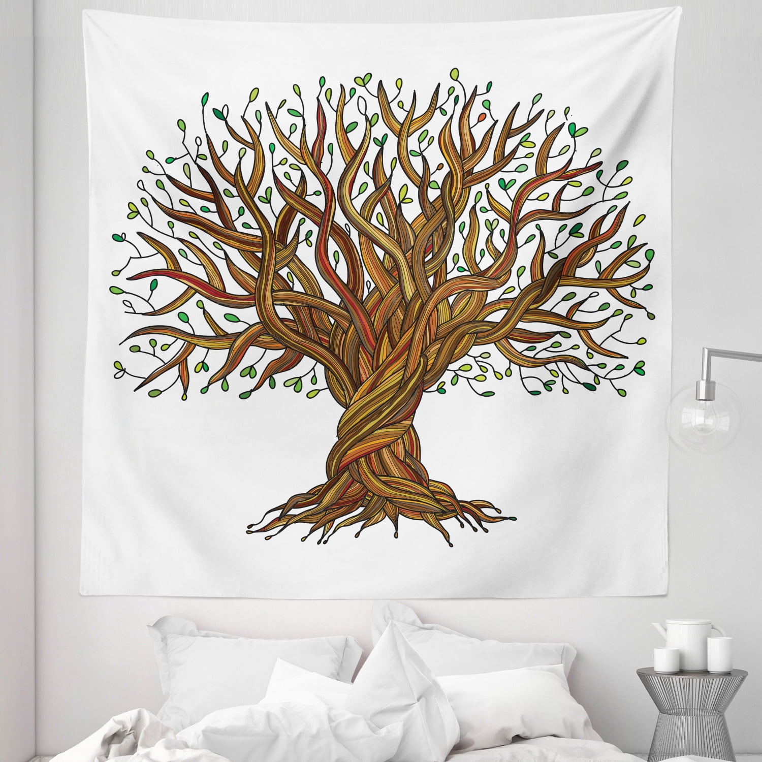 Oak Tree Tapestry, Swirling Branches Roots Hand Drawing Look Leaves on ...