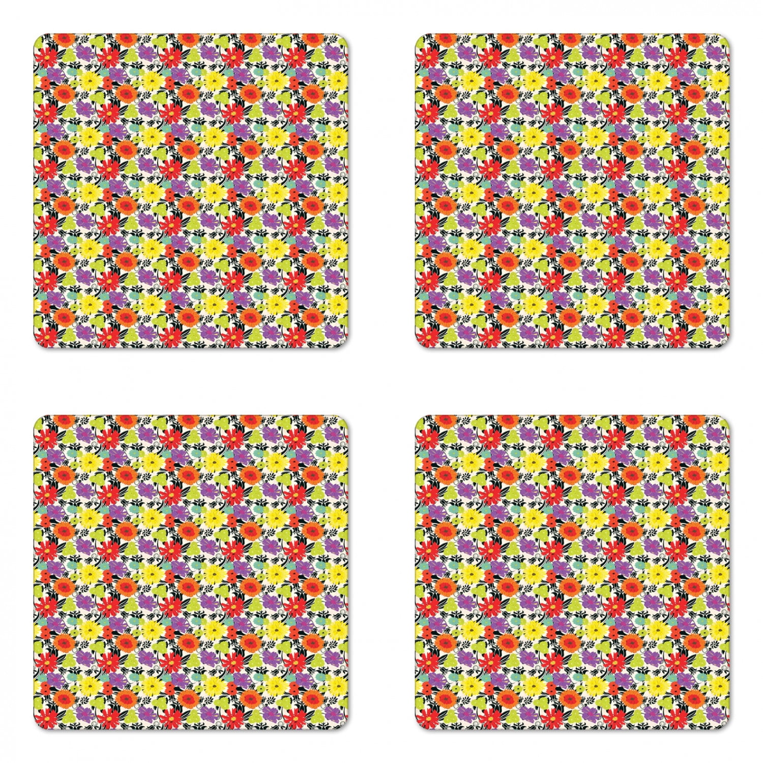 Garden Art Coaster Set of 4, Floral Composition with Hand Drawn Petals ...