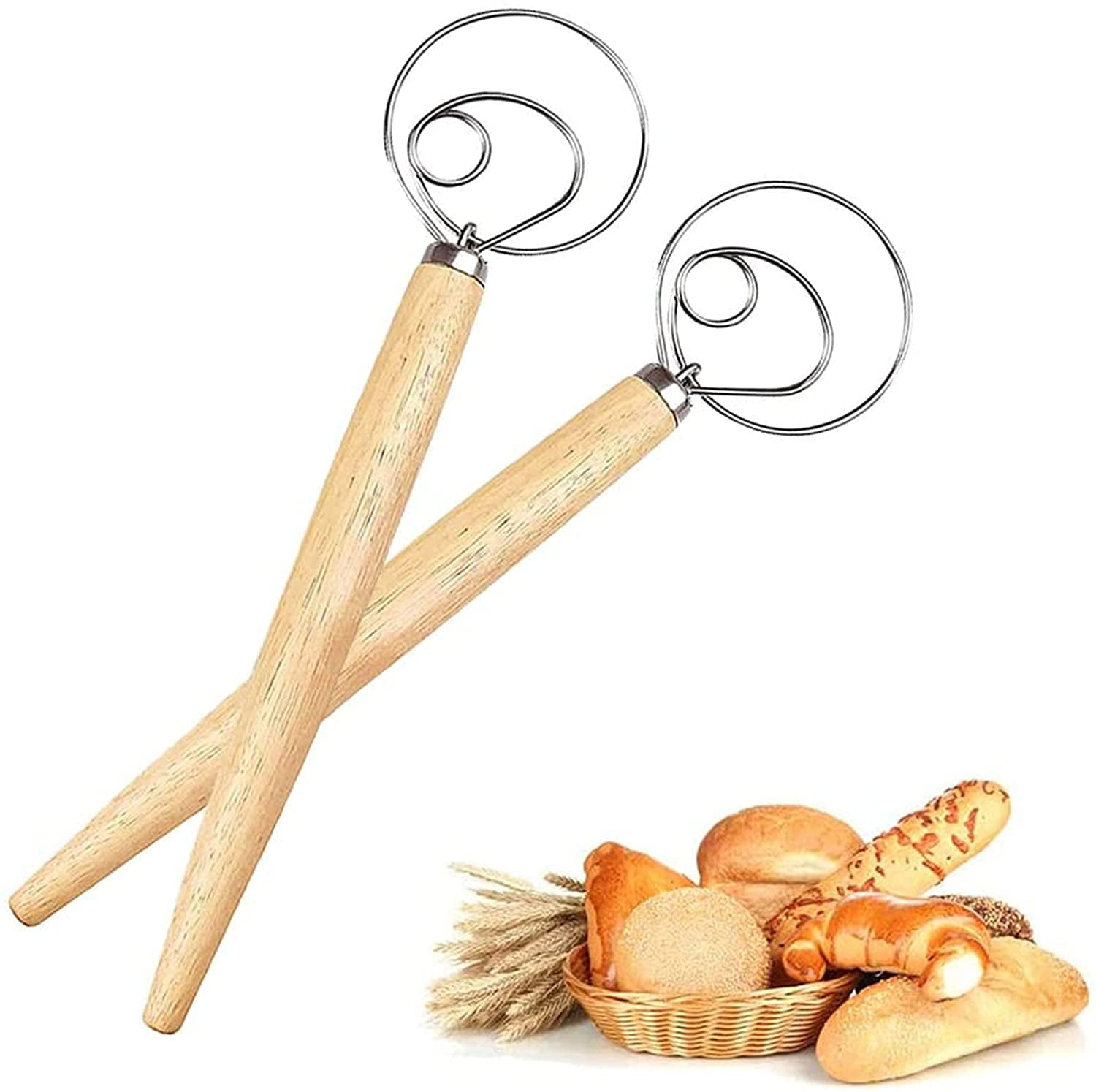 2 Pcs Danish Dough Whisk Large Stainless Steel Dutch Dough Whisk for ...