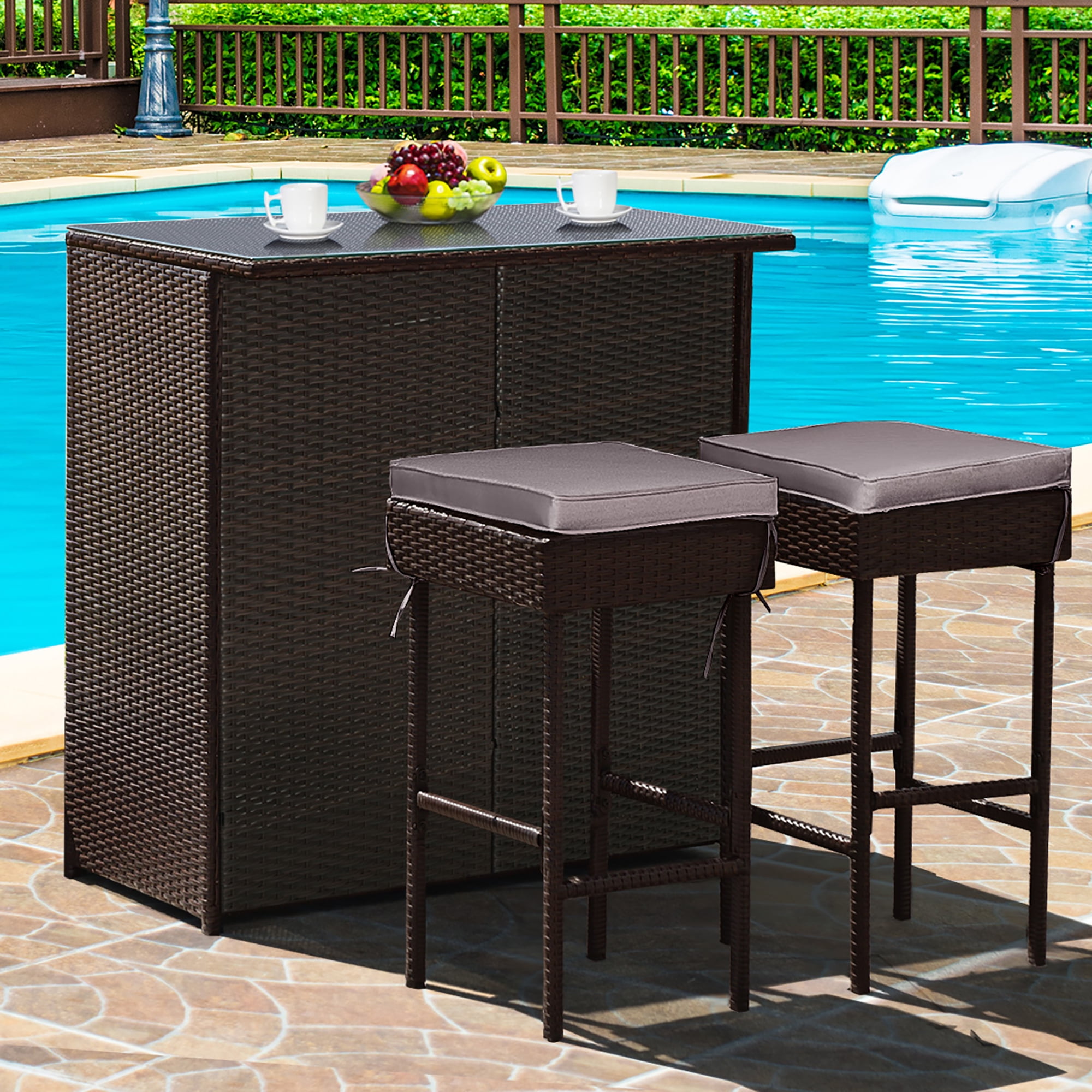 Click here for Costway Patio 3pcs Rattan Bar Table Stool Set Cush... prices