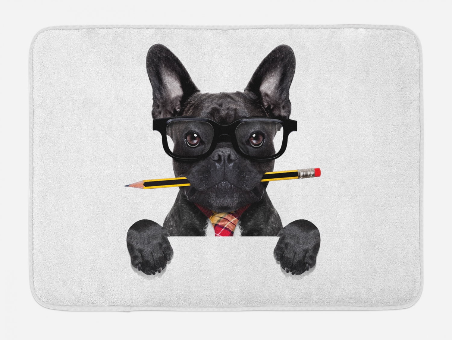 Bulldog Bath Mat, Businessman Black Dog with Glasses and Pencil in His ...