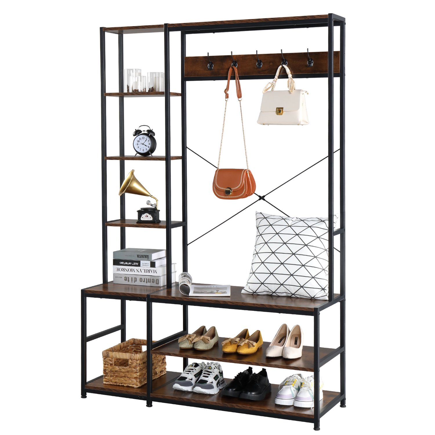 Hassch Vintage Metal Entryway Hall Trees with Hooks, Side Storage ...