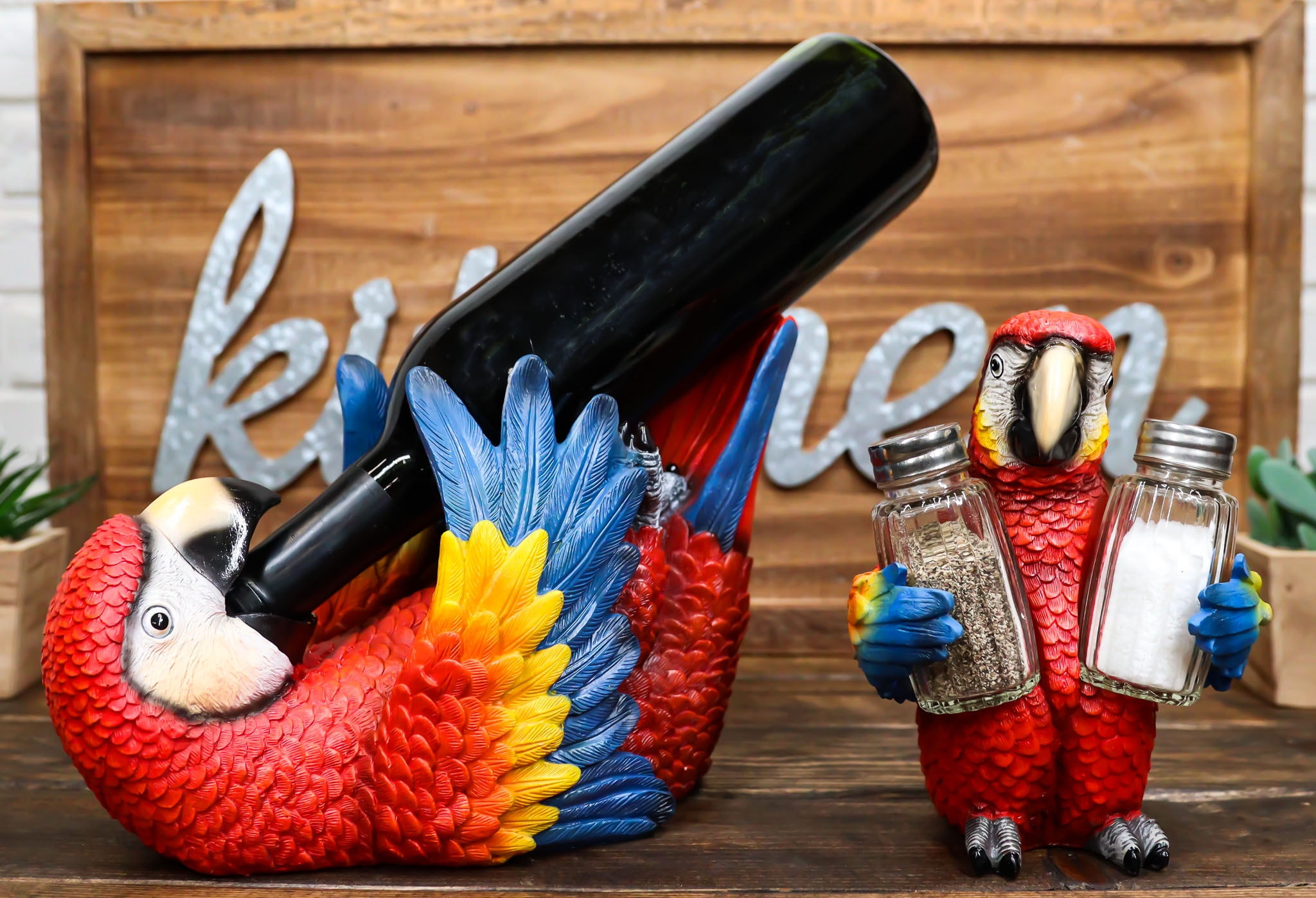 Red Scarlet Macaw Parrot Wine Bottle And Salt Pepper Shakers Holder ...