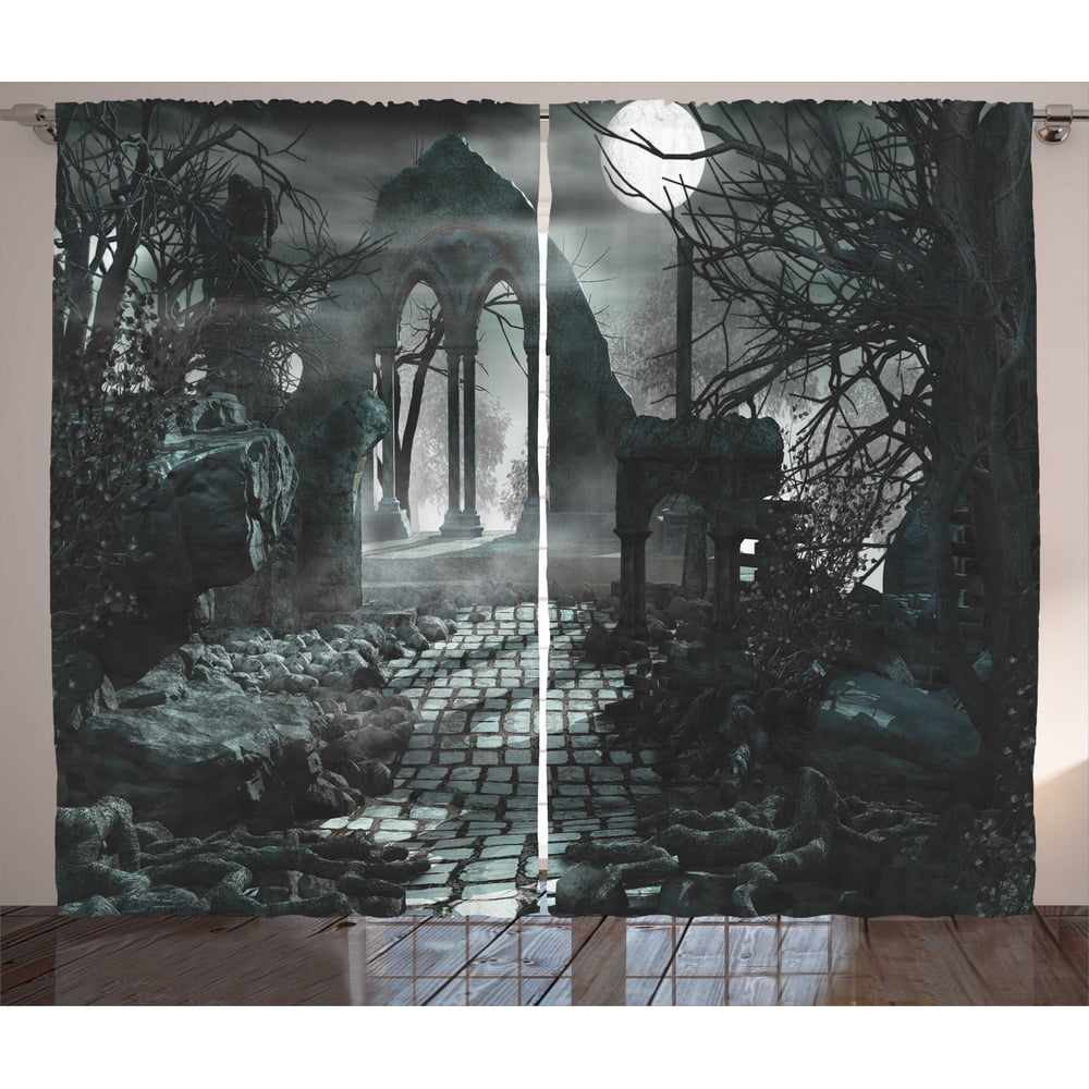 Gothic Curtains 2 Panels Set, Full Moon over Medieval Temple Ruins at ...