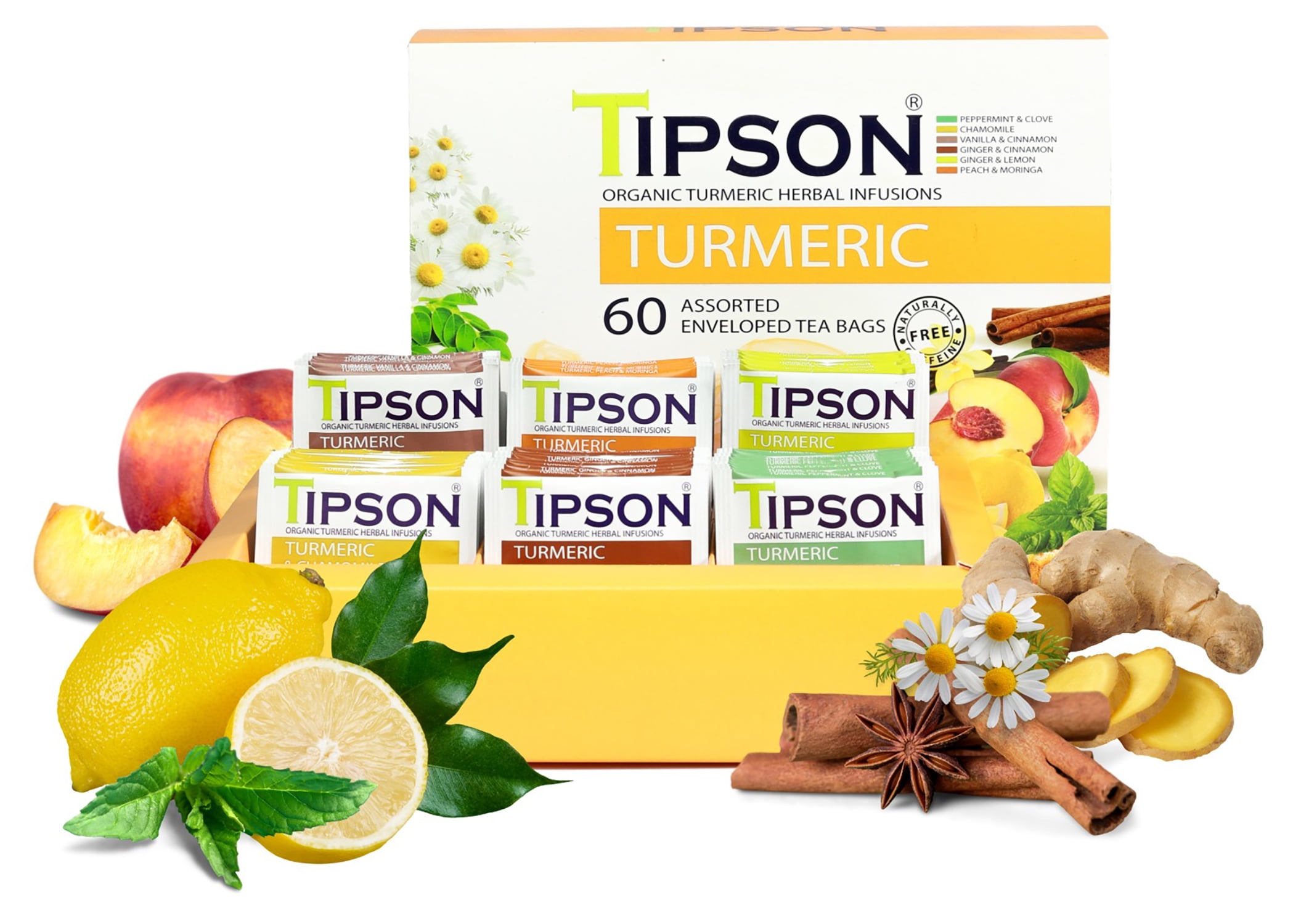 Tipson Organic Turmeric Herbal Tea - 6 Assorted Flavors - 60 Foil ...