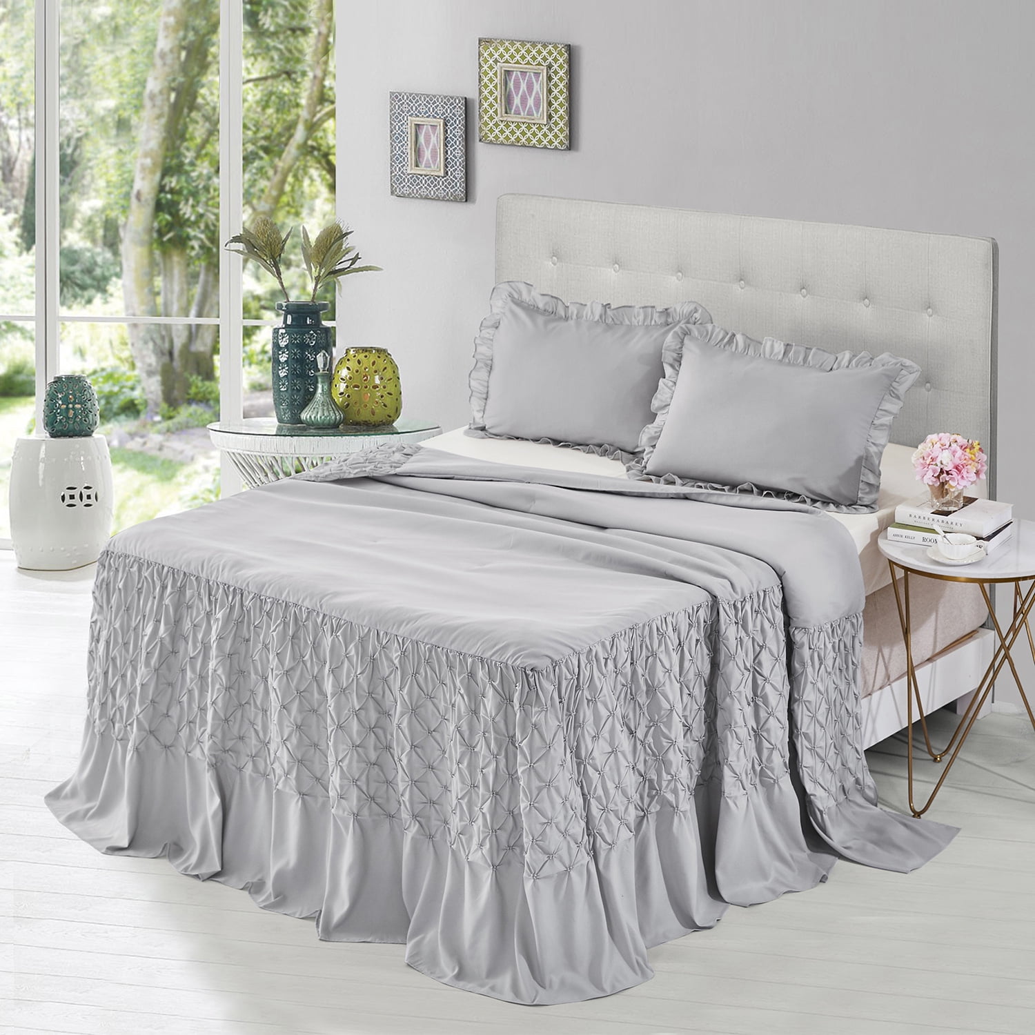 HIG 3-Piece Light Gray Queen Size Ruffle Skirt Bedspread Set with 30 ...