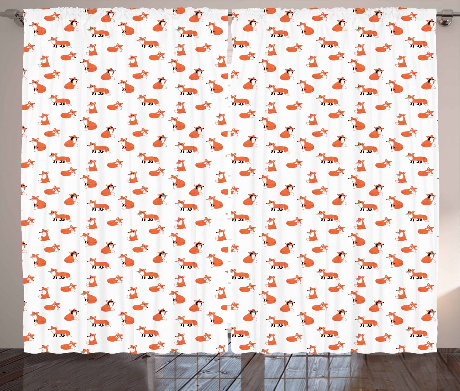 Fox Curtains 2 Panels Set, Hand Drawn Funny Fox Playing Peekaboo ...