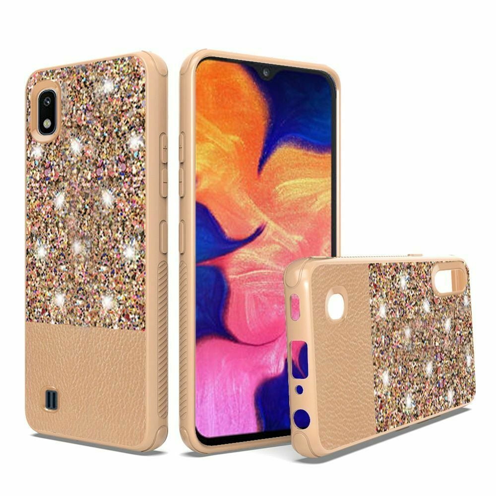 For Samsung Galaxy A10E HYBRID Chrome TPU Leather Texture Glitter Bling ...