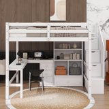 YunNianYang Full Size White Loft Bed with L-Shaped Desk and Drawers ...