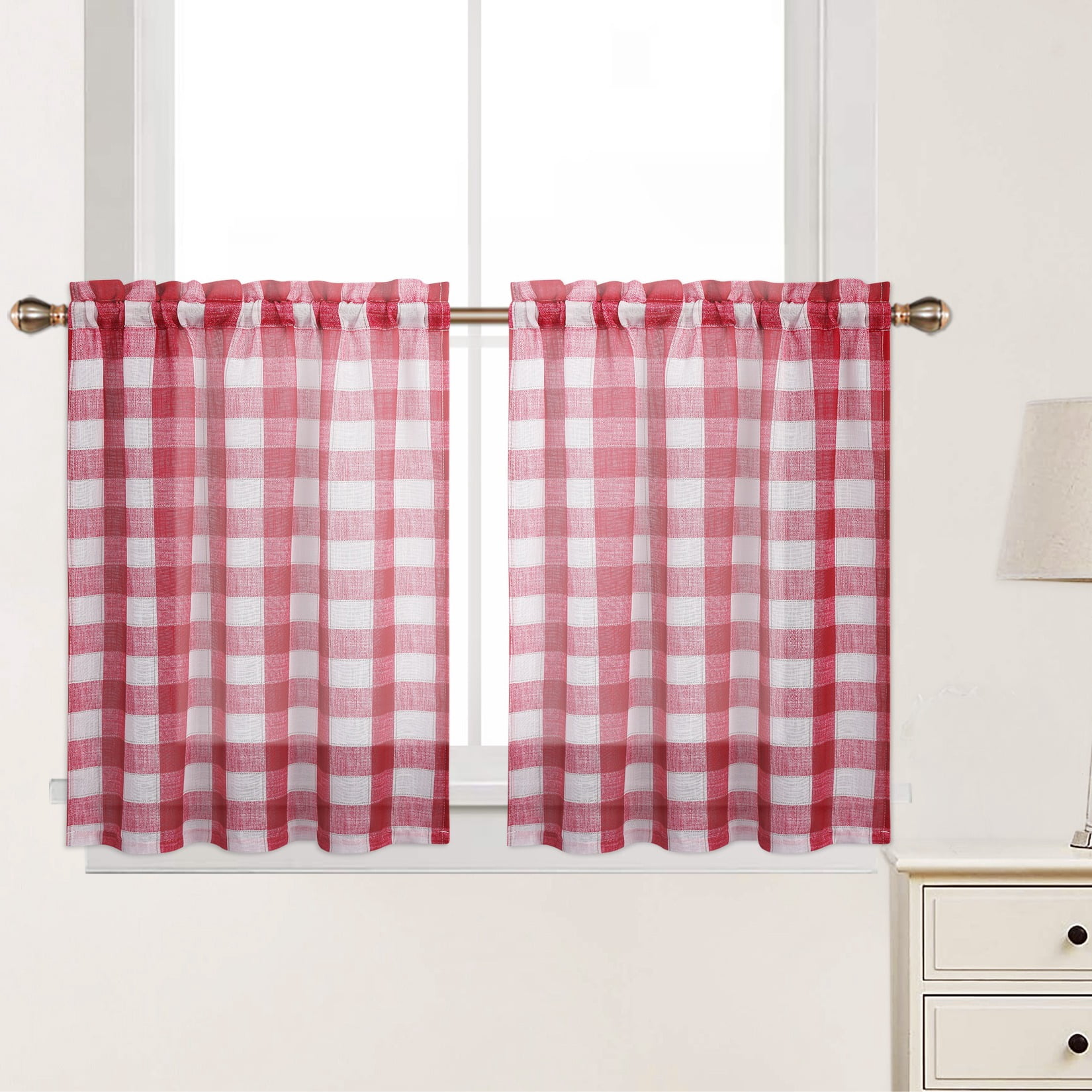 Buffalo Short Sheer Curtains for Kitchen Check Gingham Farmhouse ...