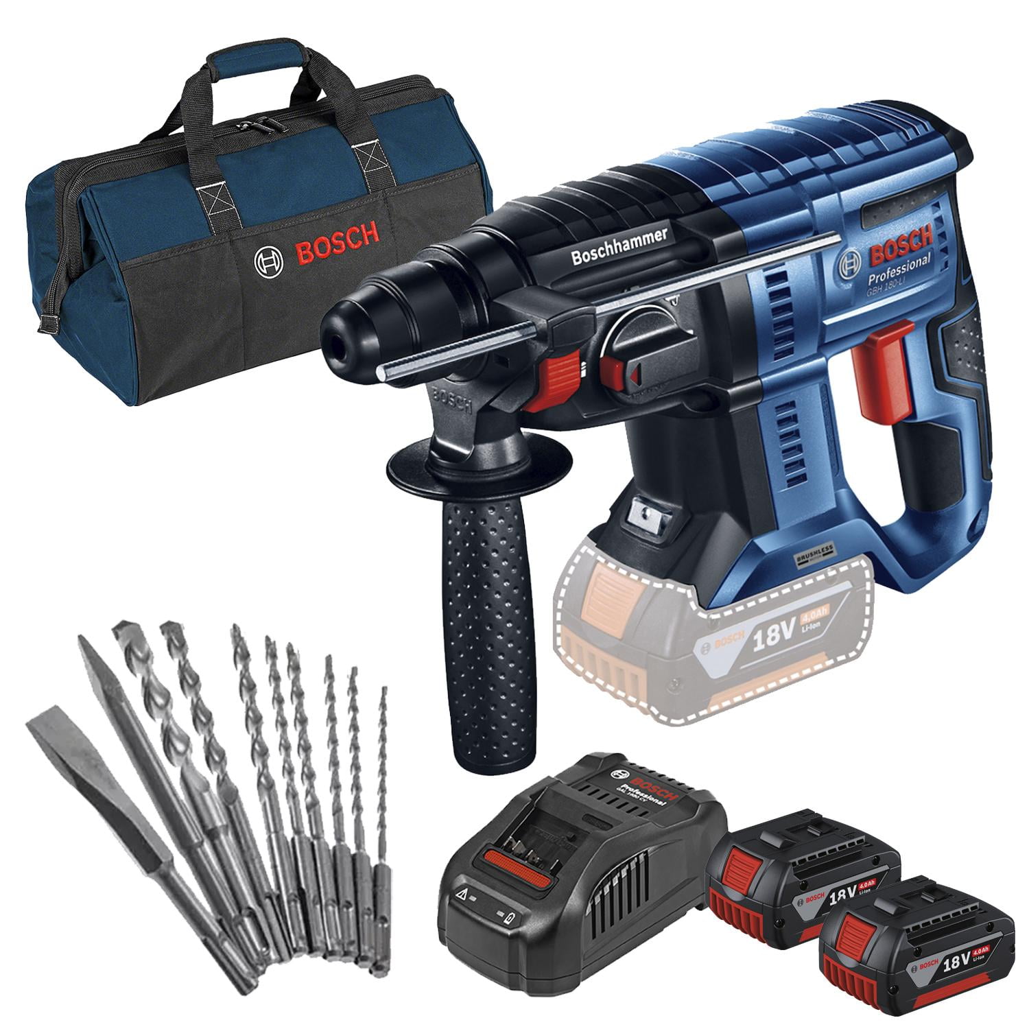 Rotomartillo Cincelador BOSCH 18V Brushless GBH 180 Li con 2 baterías y ...