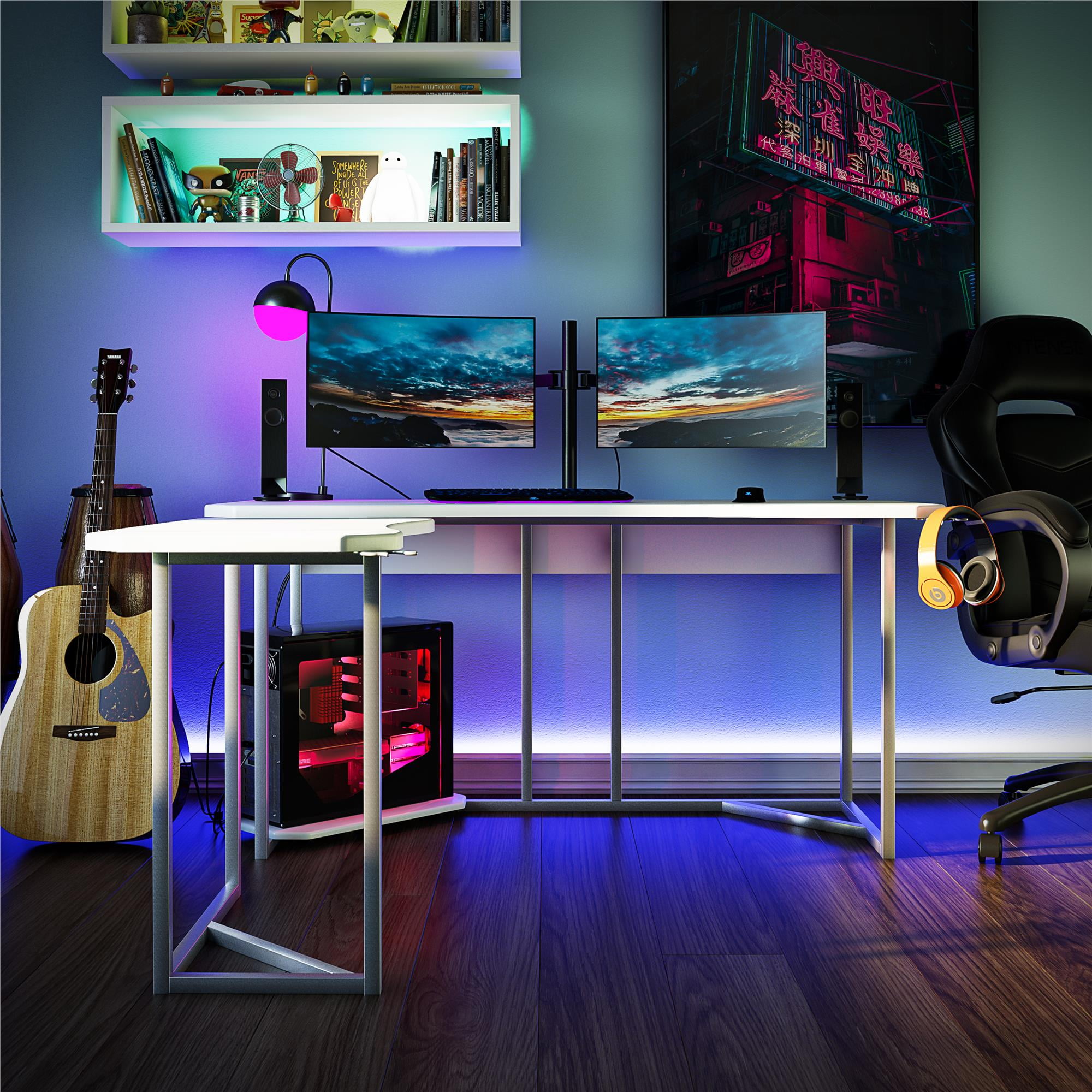 NTense Network Gaming L Desk with CPU Stand, White - Walmart.com