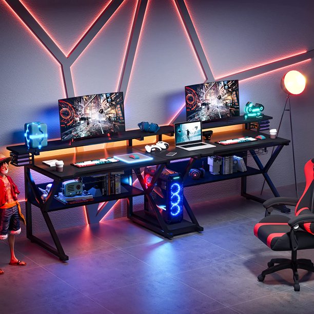 Tribesigns Double Gaming Desk with Hutch Monitor Stand Riser, 102-Inch ...