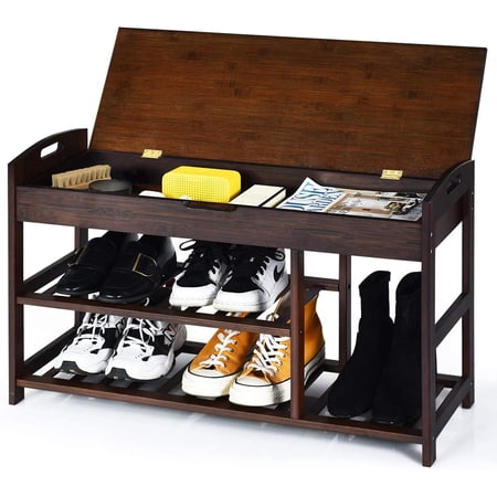 Shoe Bench Entryway with Storage Bamboo 3-Tier W/Openable Seat and ...
