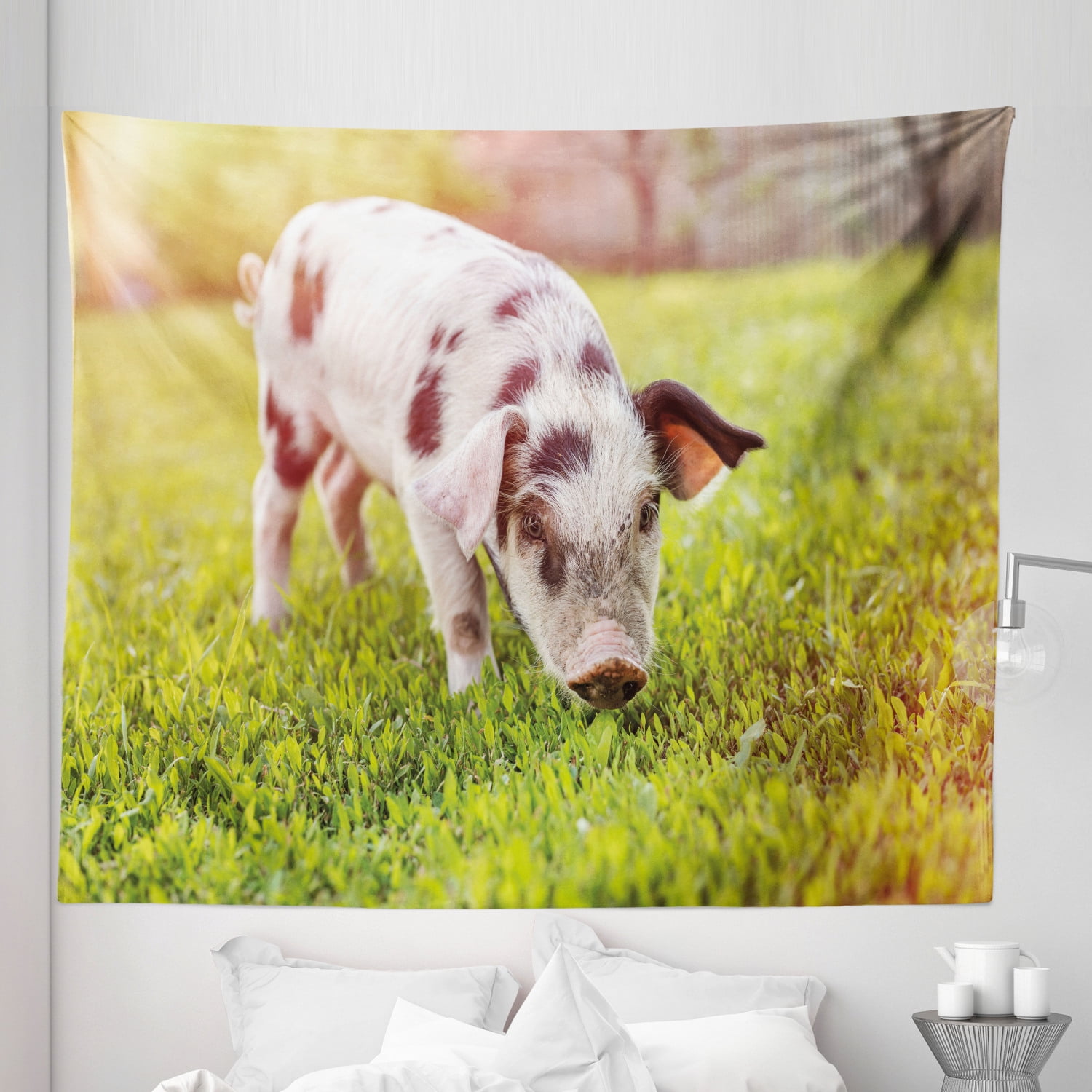 Farm Animal Tapestry, Photo of Little Pig with Spots Walking on Grass ...