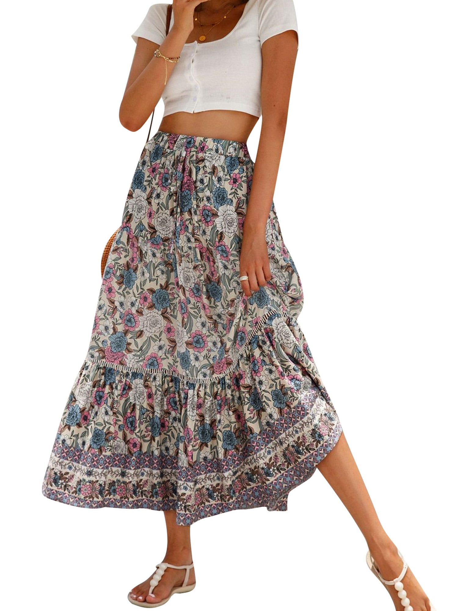 allshope Women Casual Long Skirt, Trendy Elegant Elastic Waist Floral ...
