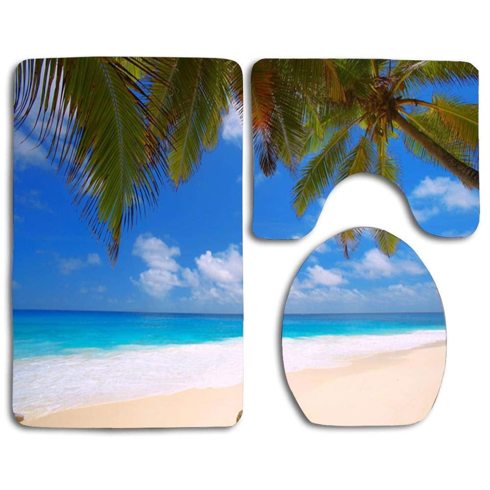 CHAPLLE Blue Beach Palm Tree 3 Piece Bathroom Rugs Set Bath Rug Contour ...