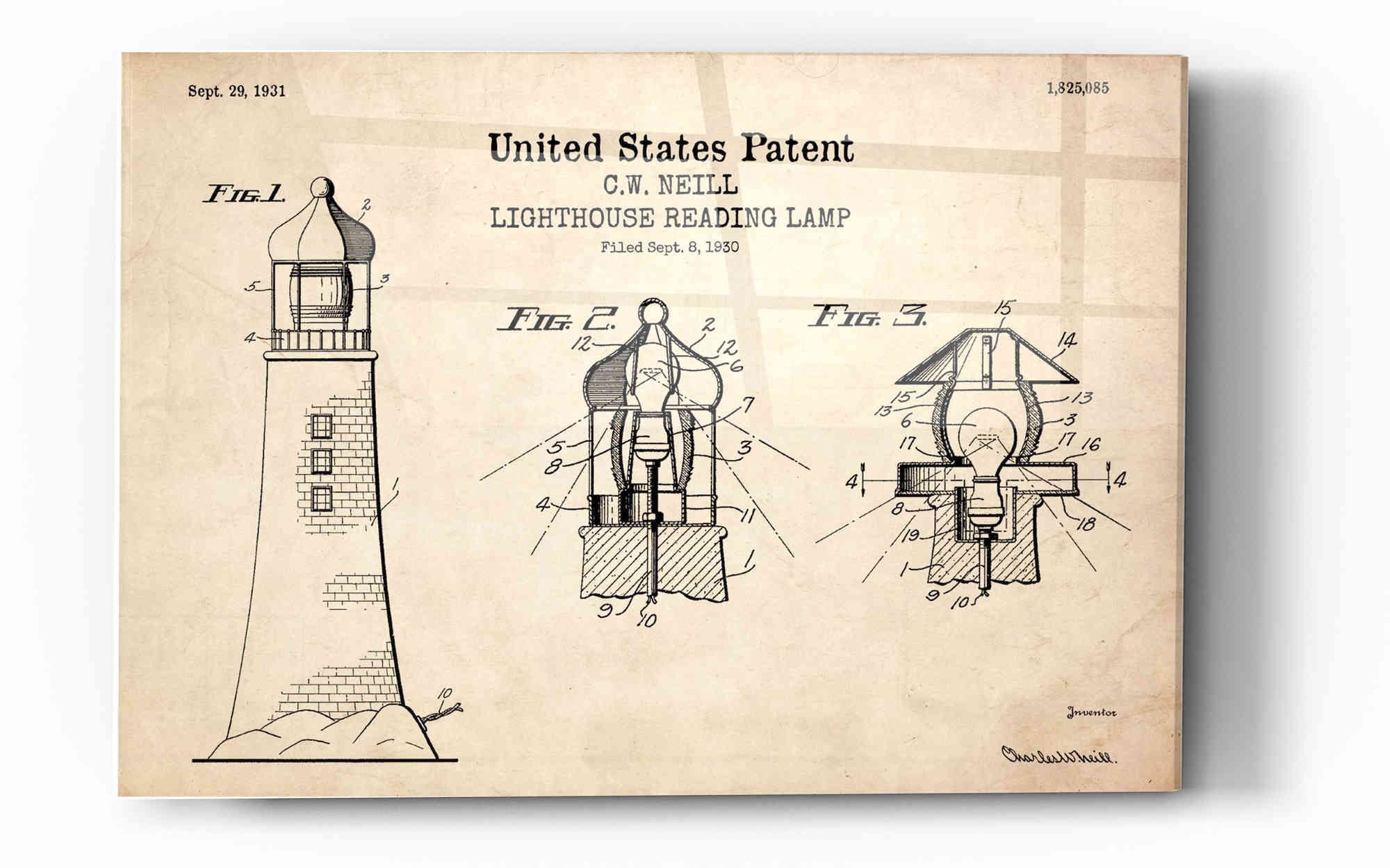 Epic Art 'Lighthouse Reading Lamp Blueprint Patent Parchment' Acrylic ...