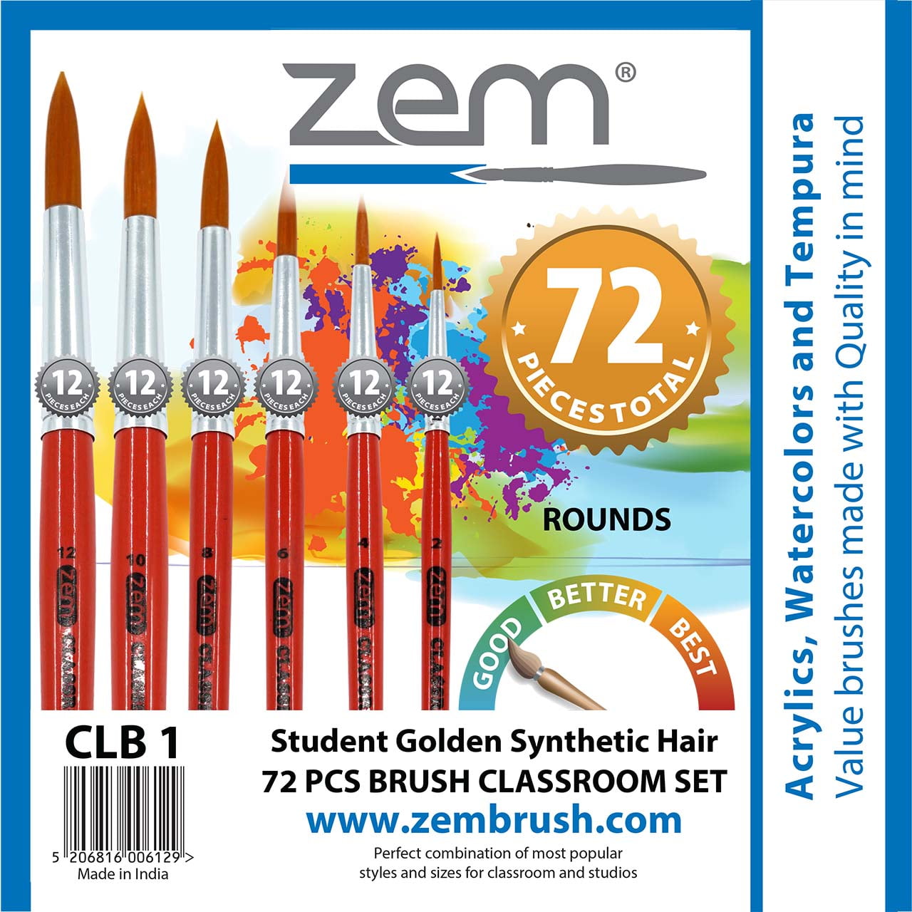 ZEM Brush Mfg CLB-1 Classroom Artist Paint Brush Box Set Golden ...