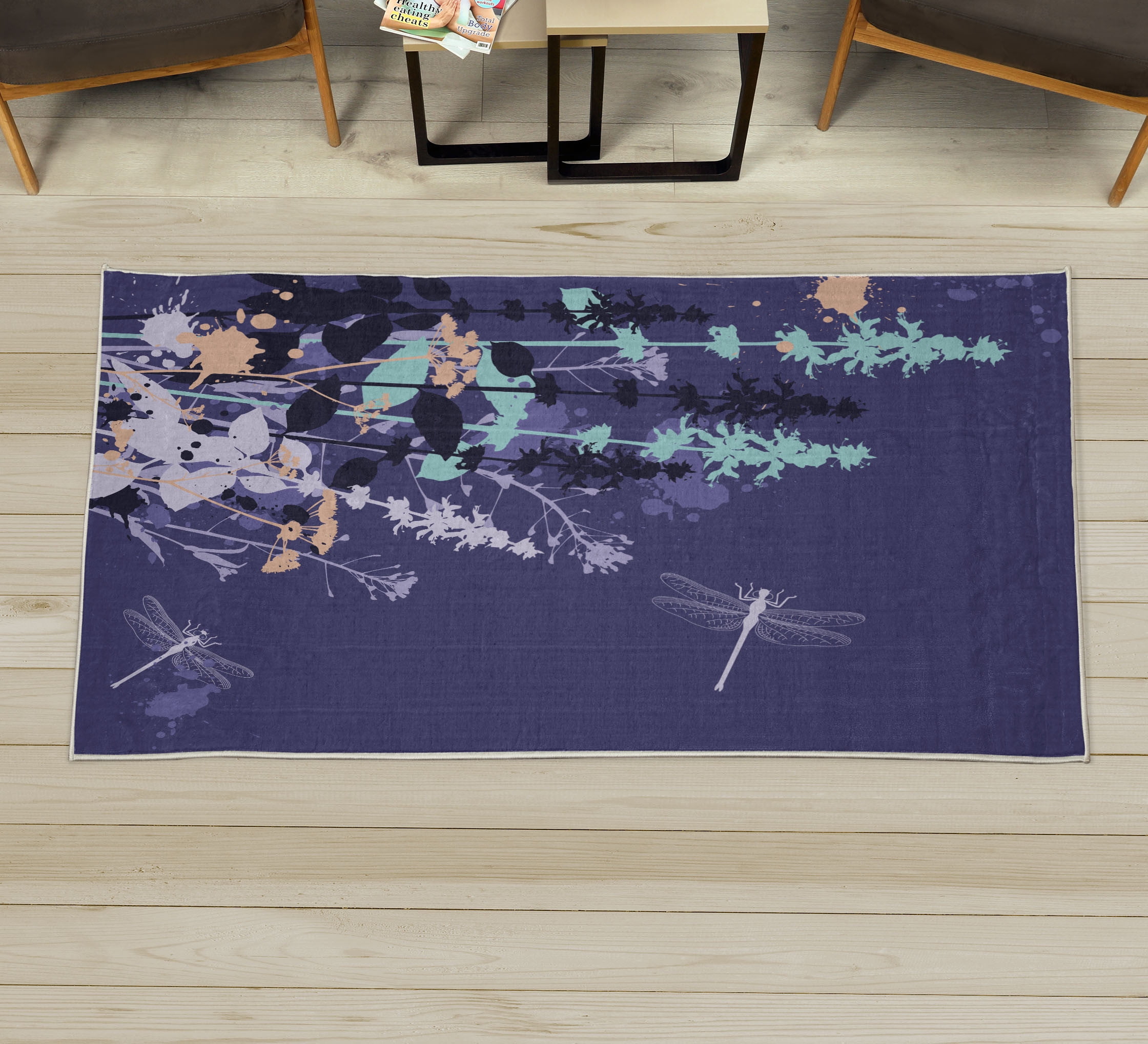 Dragonfly Decorative Rug, Nature Plants Grass with Wildflowers with ...