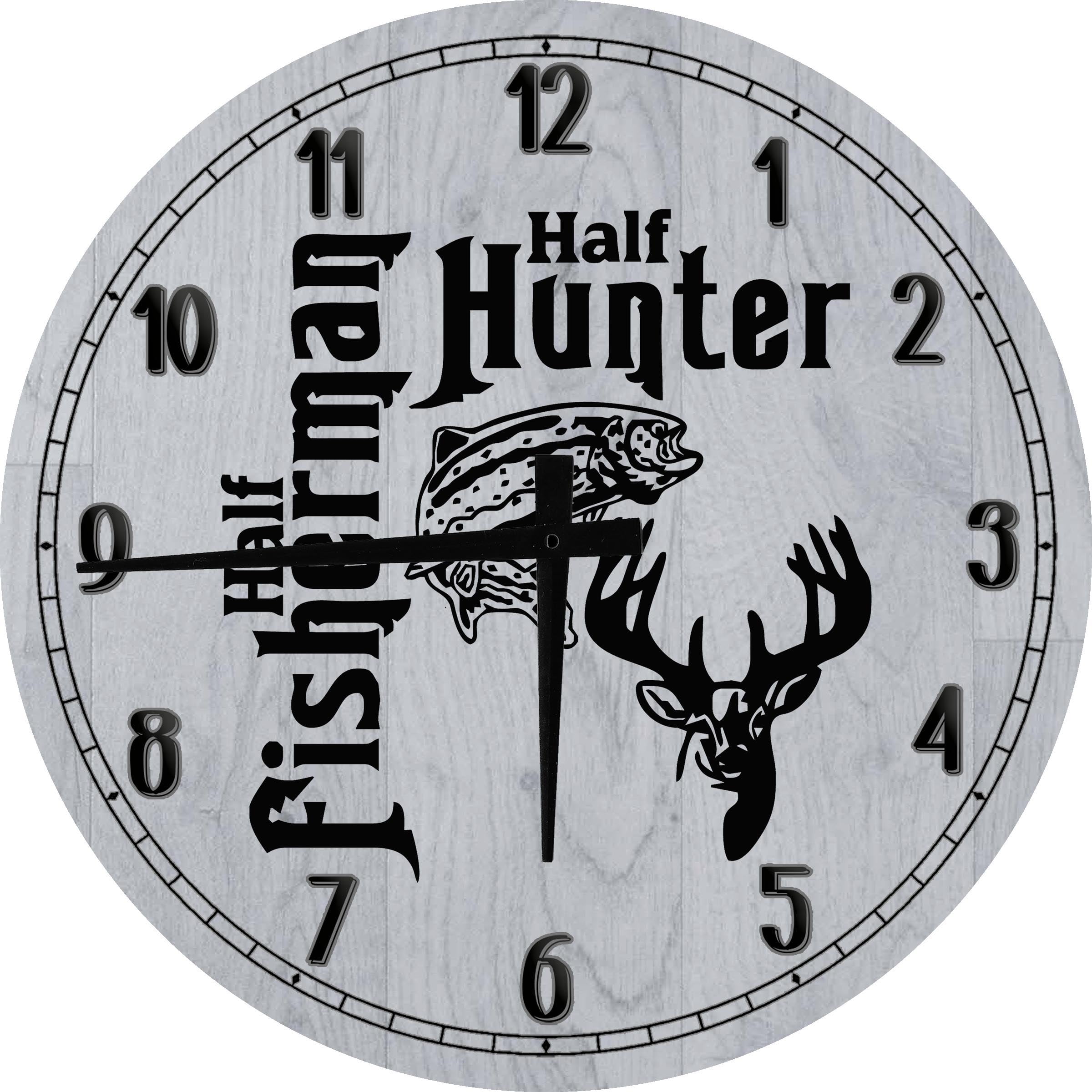 Wood Wall Clock 12 Inch Half Fisherman Hunter Fishing Hunting Buck Deer ...